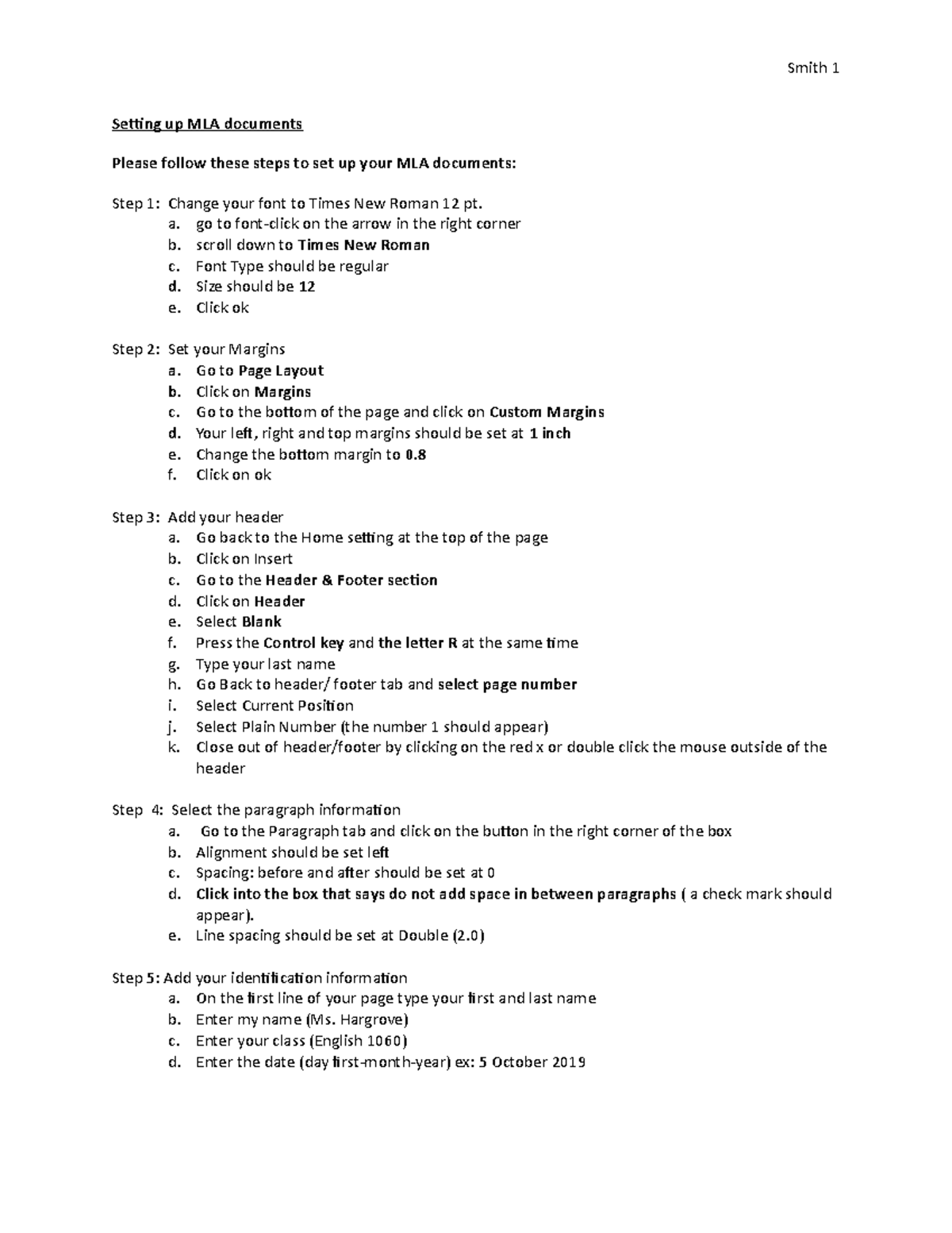 Setting up MLA documents - Smith 1 Setting up MLA documents Please ...