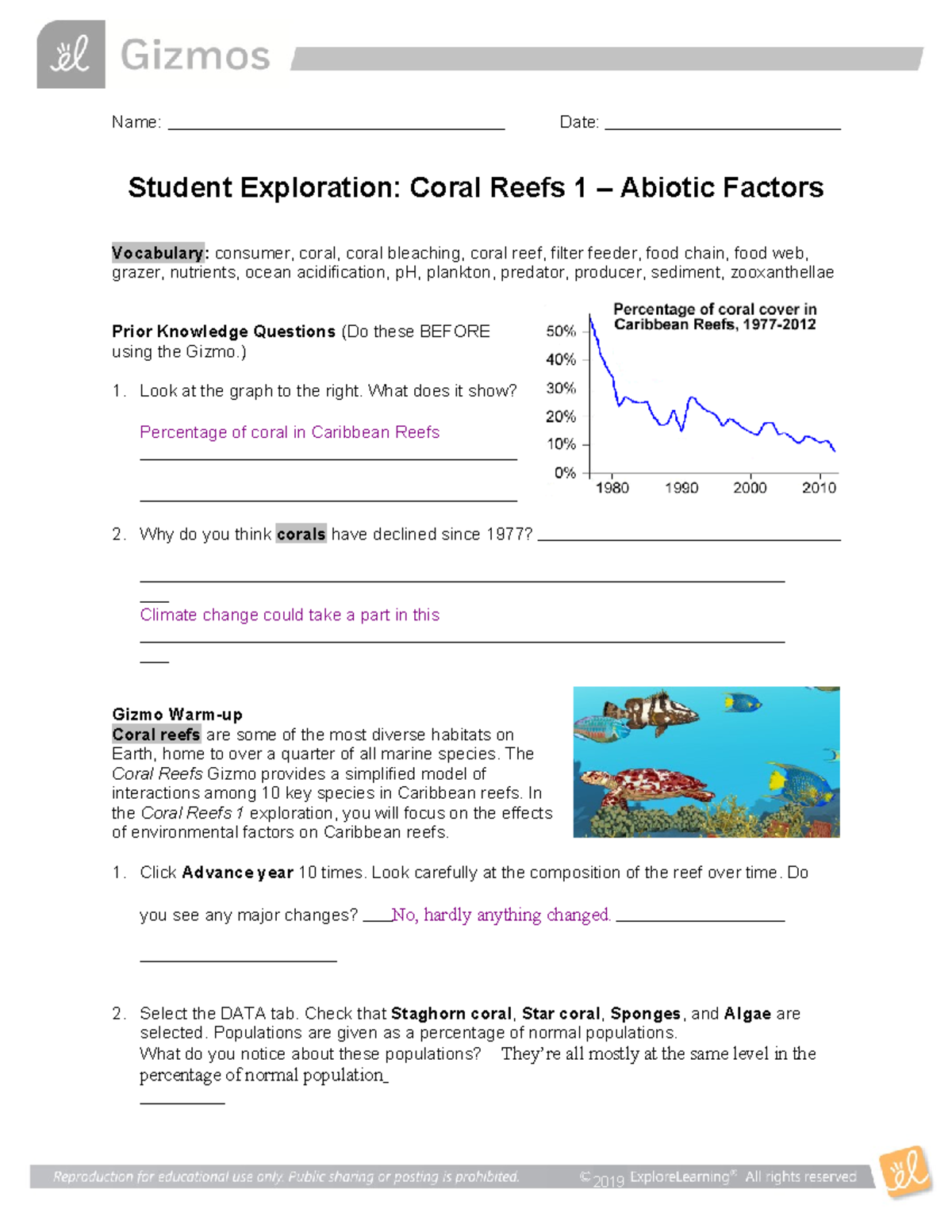 Coral Reef 1SE 2 - mjm - Name: Date: Student Exploration: Coral Reefs 1 ...