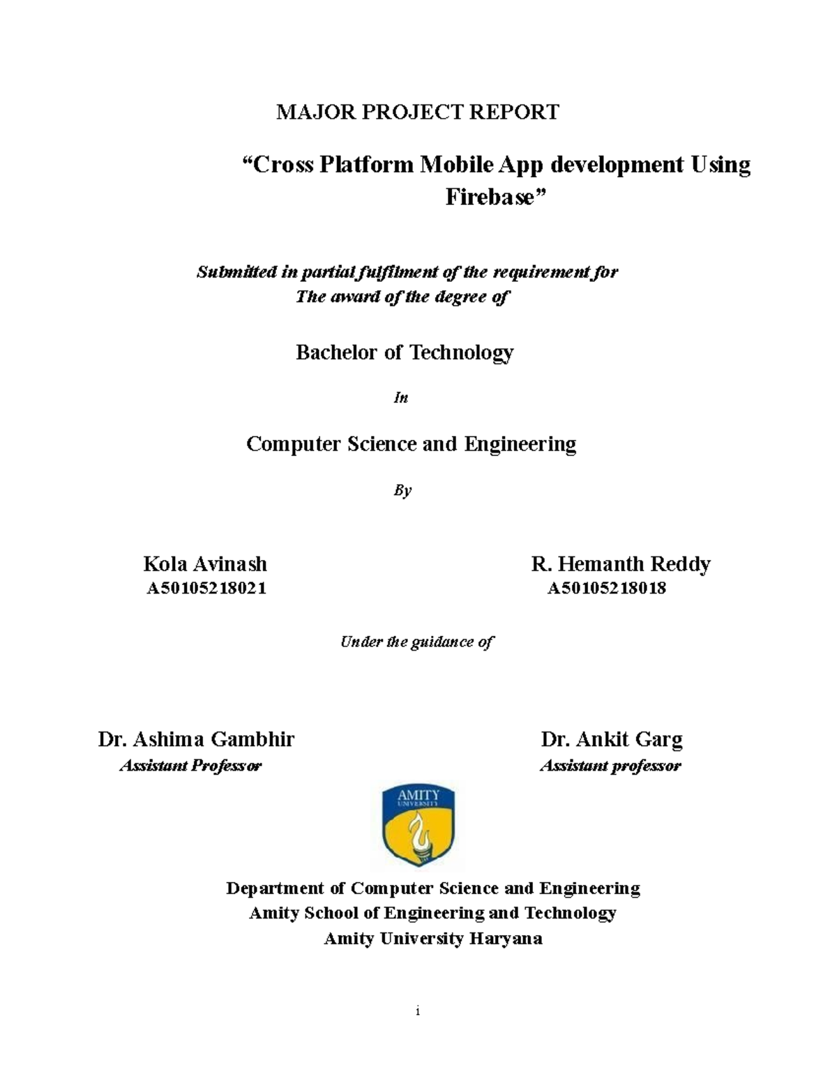 Cpmad Major Project Report - i MAJOR PROJECT REPORT “Cross Platform Mobile App development Using ...