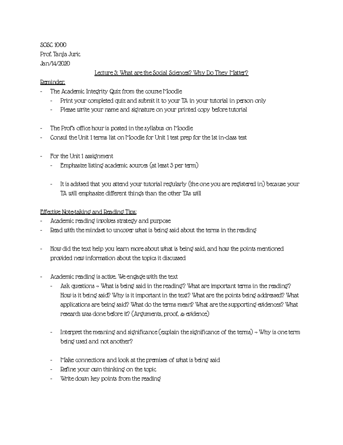 SOSC 1000 lecture 3 - Winter 2020 Professor Tanja Juric - SOSC 1000 Prof. Tanja Juric Jan/14 ...