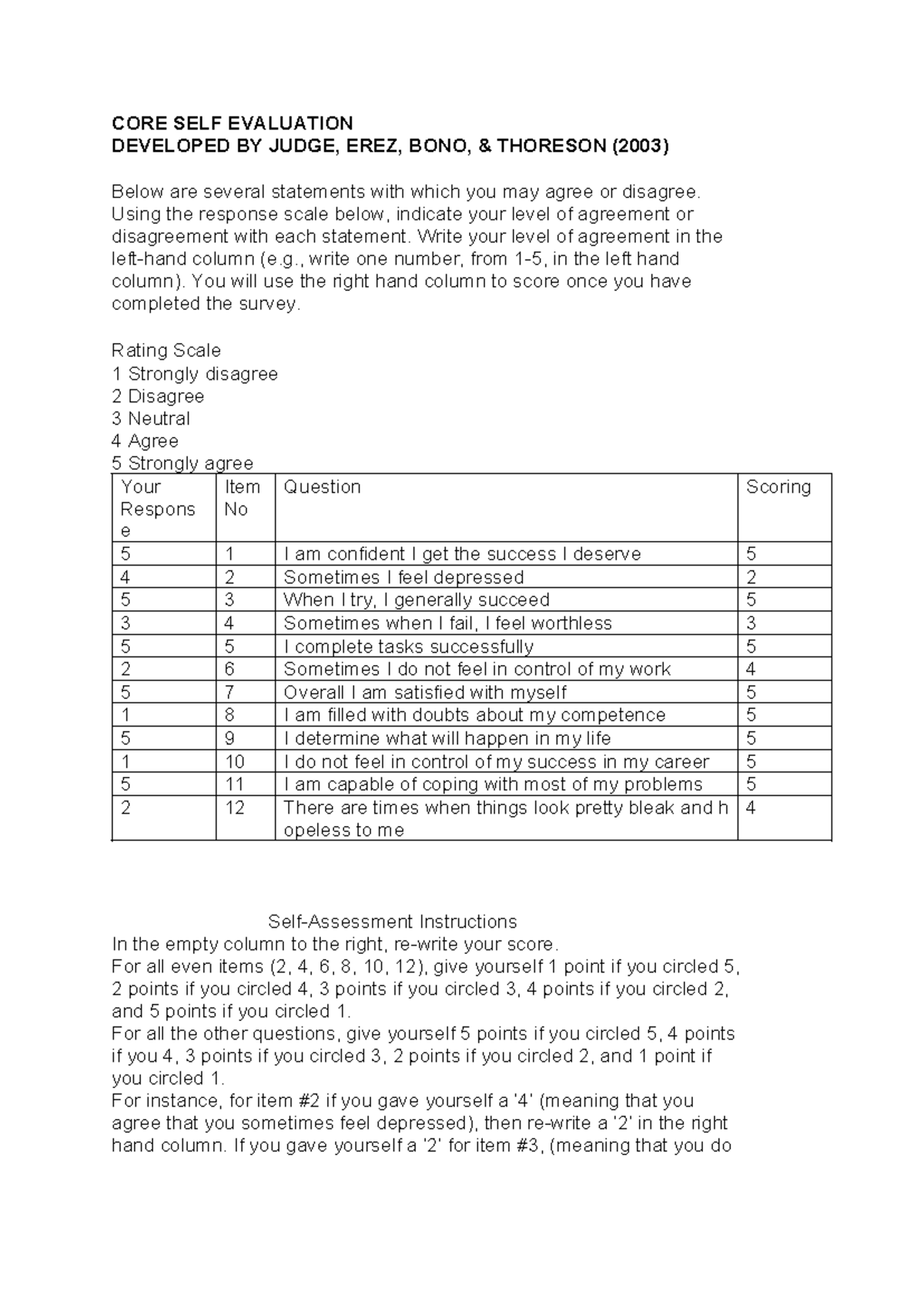 Core Self Evaluation Survey - CORE SELF EVALUATION DEVELOPED BY JUDGE ...