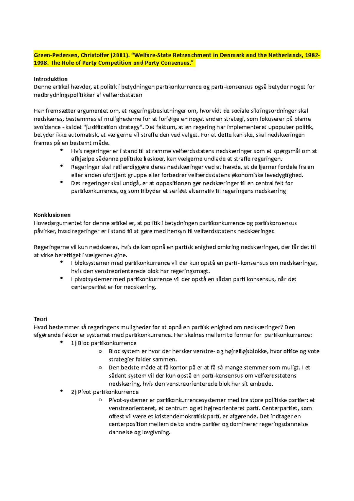 Analyse af Green-Pedersen, Christoffer (2001 ). “Welfare-State ...