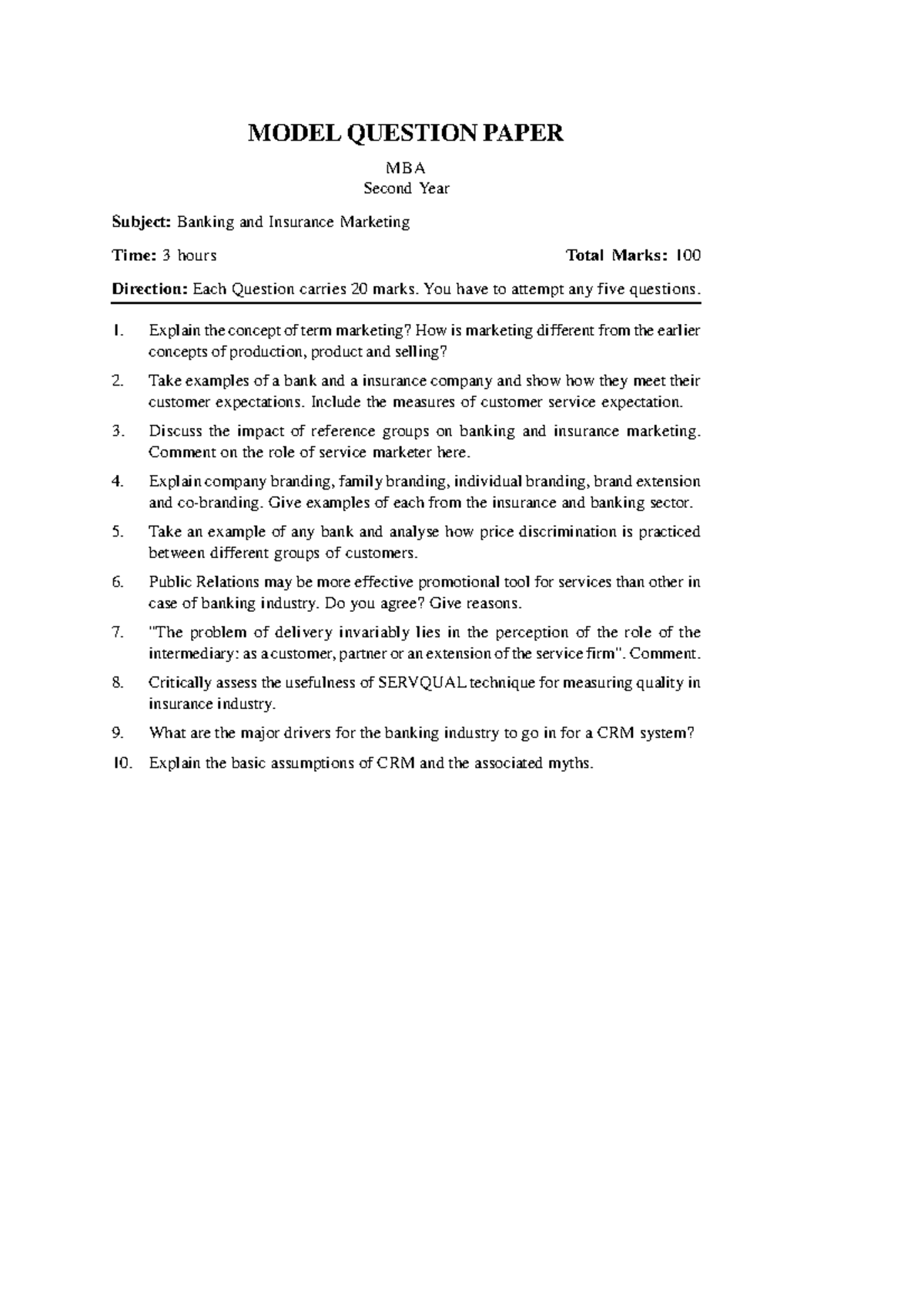 Model Question Paper - MODEL QUESTION PAPER MBA Second Year Subject ...