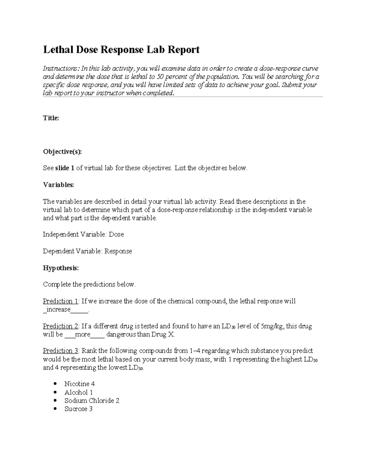 Lethal dose response lab report - Lethal Dose Response Lab Report ...