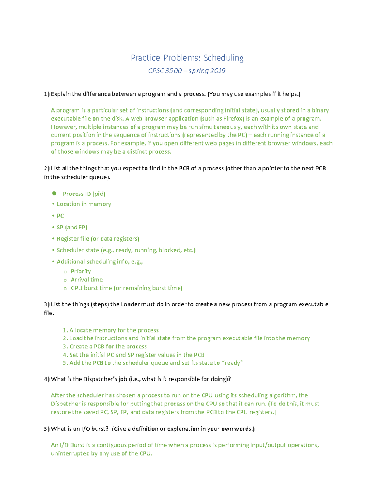 Practice Problems 3 With Answers Scheduling Practice Problems Scheduling Cpsc 3500 Spring