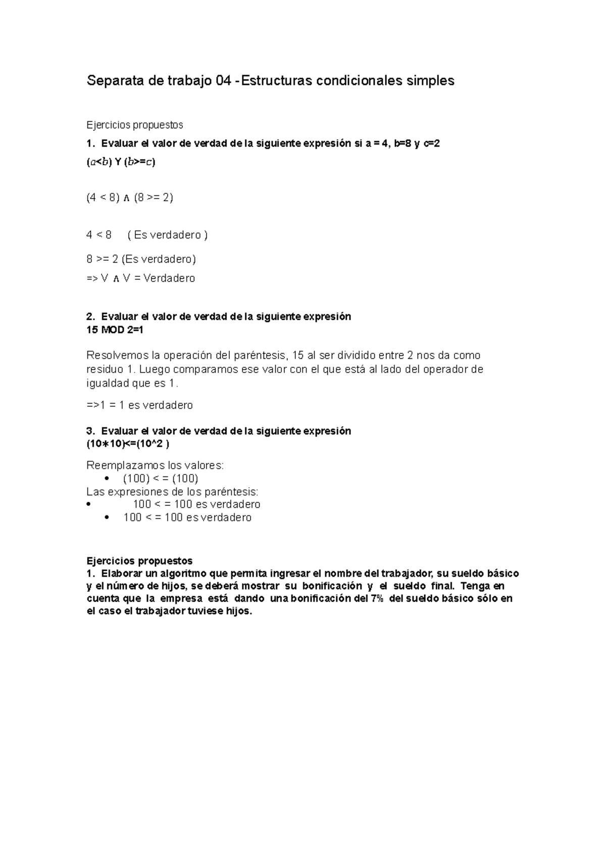 Estructuras condicionales simples - Separata de trabajo 04 -Estructuras ...