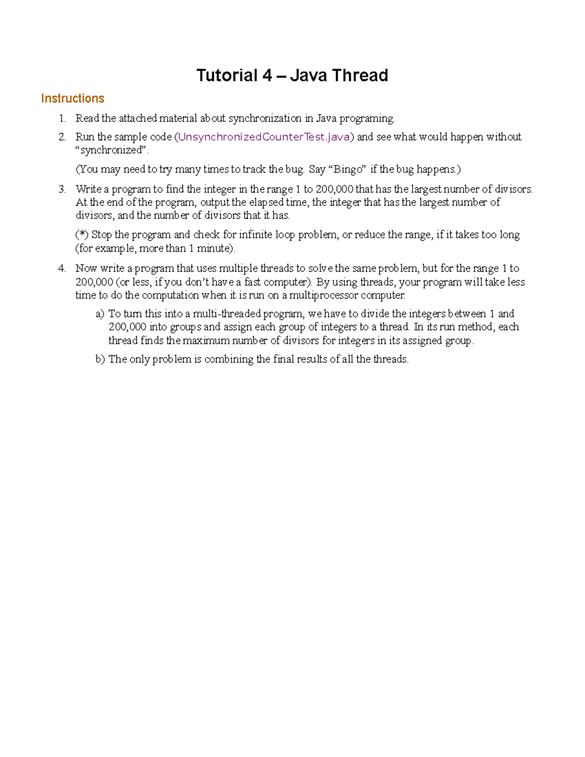 Tut04 thread - solution - Tutorial 4 – Java Thread Instructions Read ...