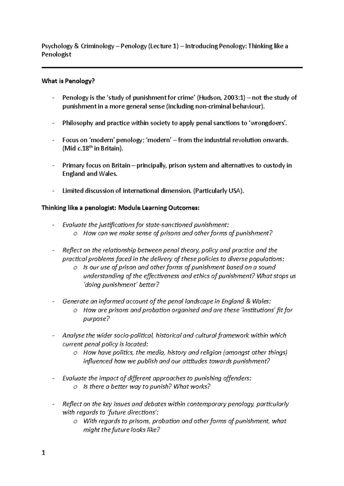 Lecture 1 - Introducing Penology: Thinking like a Penologist ...