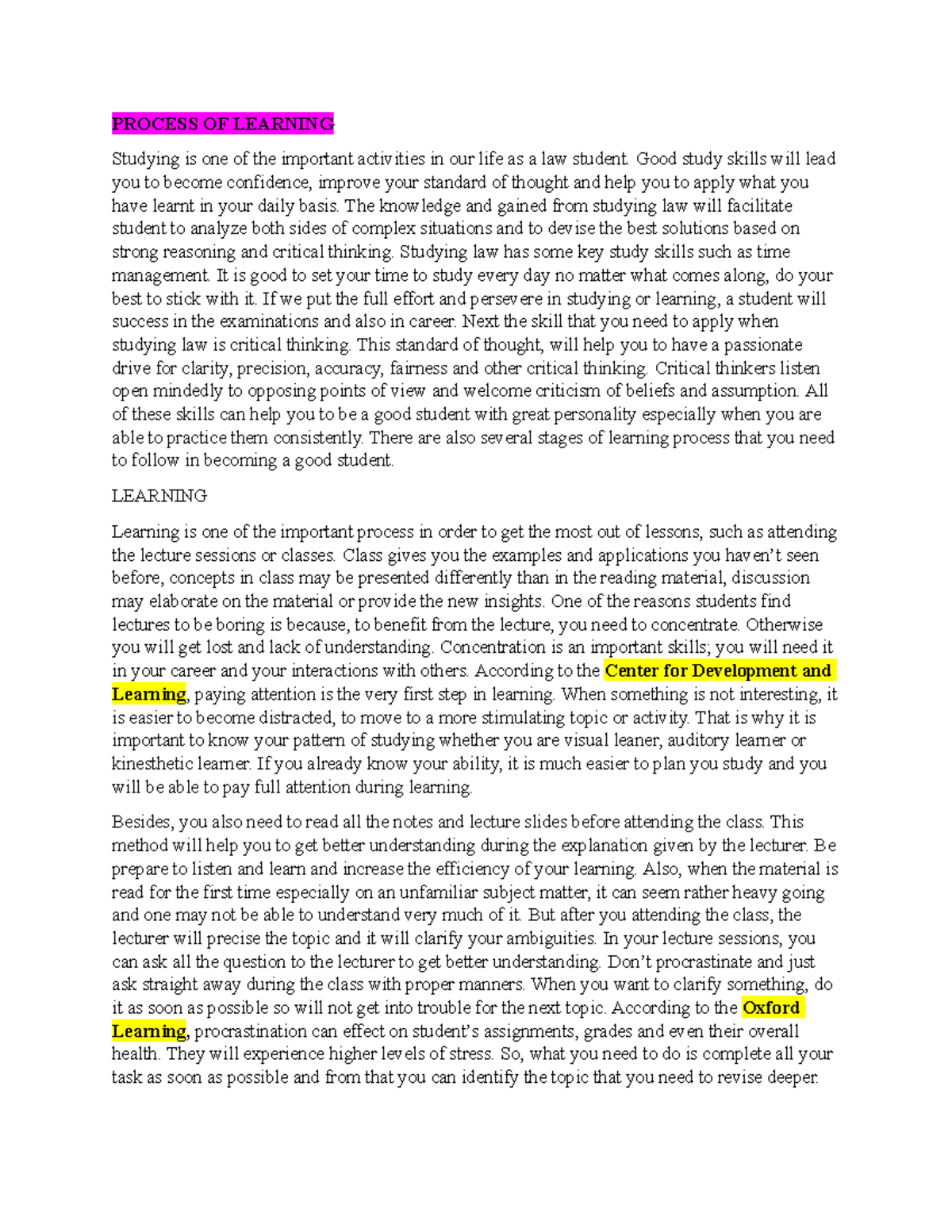 Process OF Learning- tuto work - Introduction to Law - MMU - Studocu