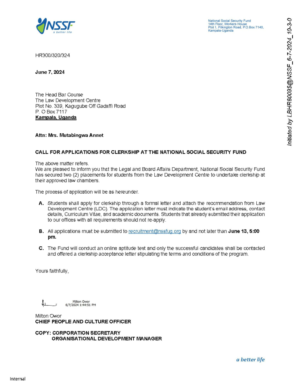 CALL FOR Clerkship Applications - National Social Security Fund NSSF ...