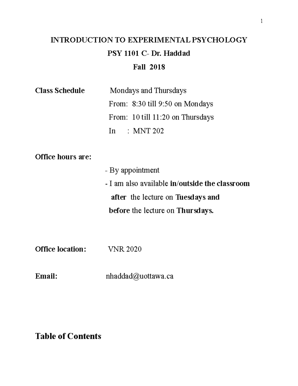 Syllabus 1101C - FALL 2018 Official 1 - 1 INTRODUCTION TO EXPERIMENTAL PSYCHOLOGY PSY 1101 Dr ...