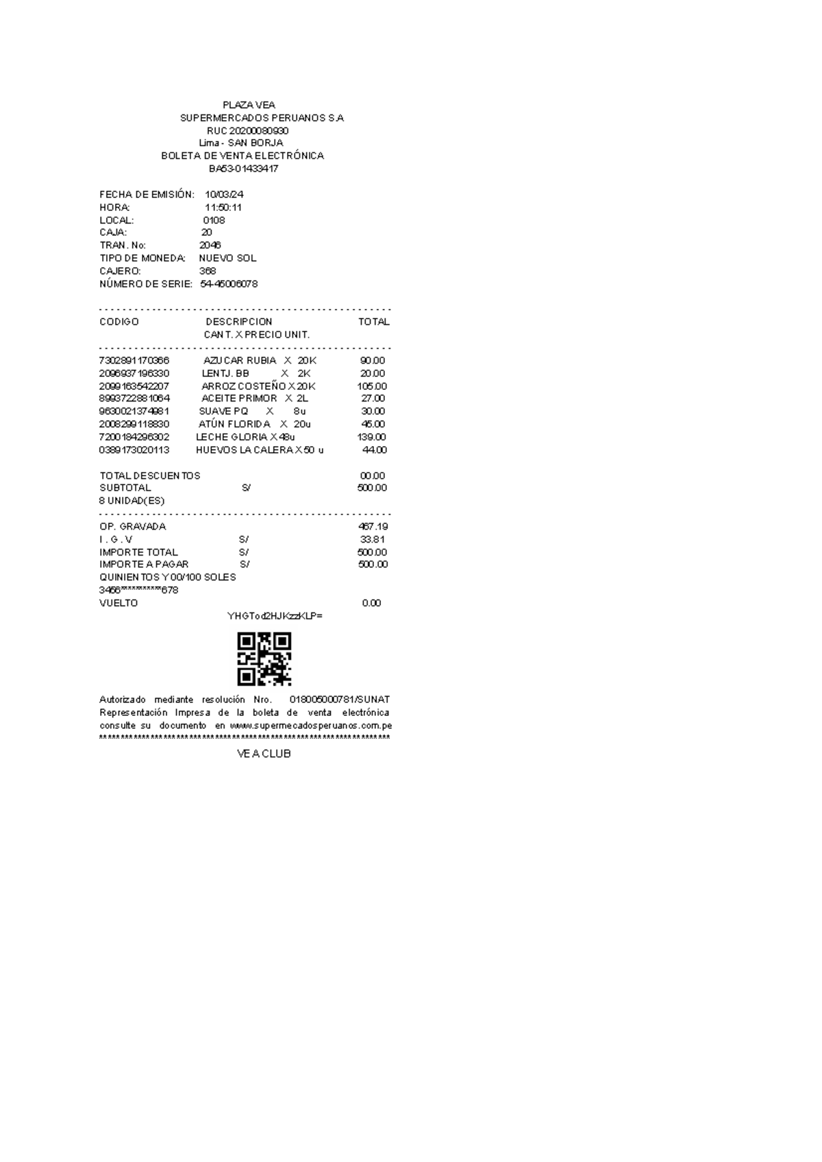 Boleta de alimentos - PLAZA VEA SUPERMERCADOS PERUANOS S RUC ...