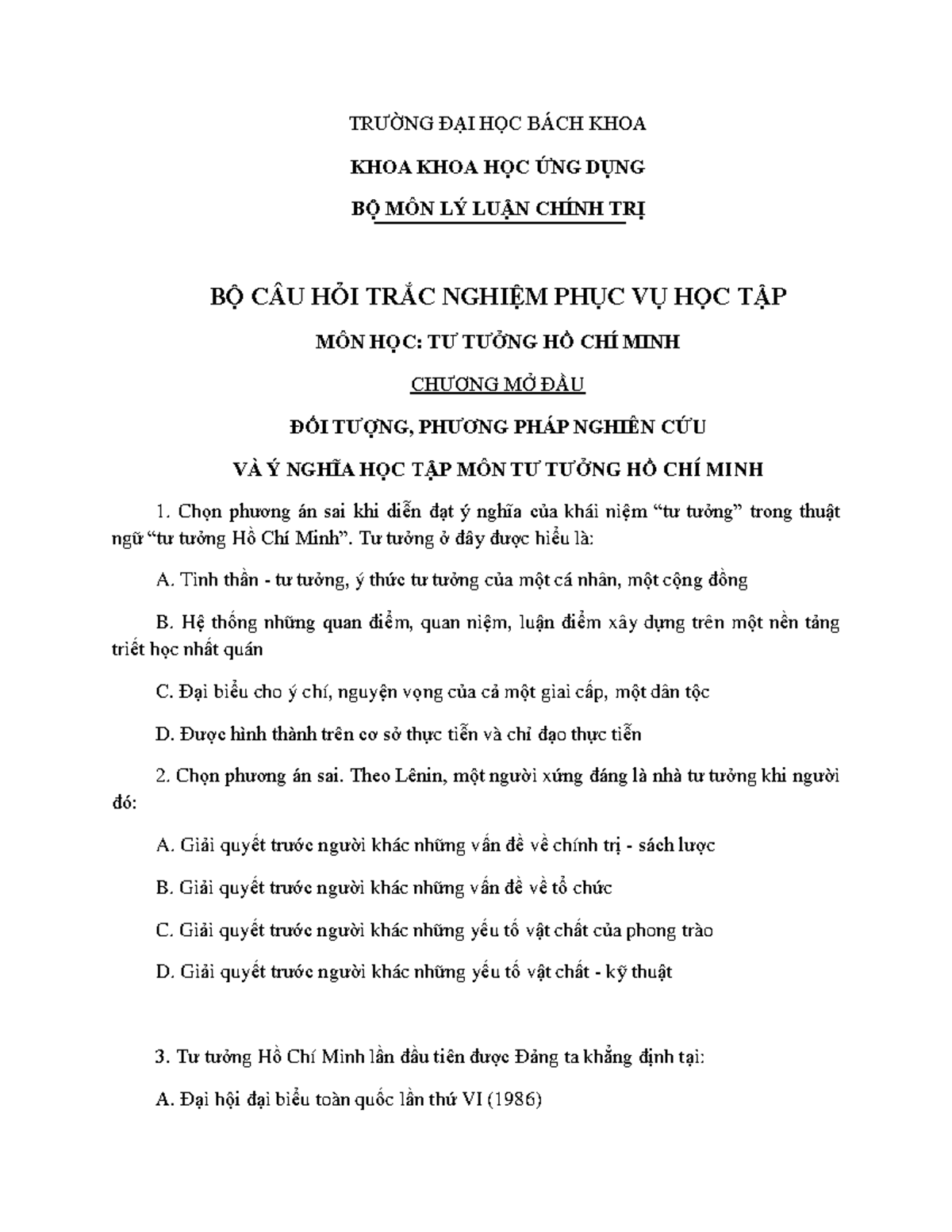 BỘ CÂU HỎI TRẮC NghiệM ÔN TẬP MÔN Tthcm - TR£ N O £¡N Mà ÀU ĐỐ Ợ , Ơ Á Ê U À Ĩ C T NG H CHÍ ...
