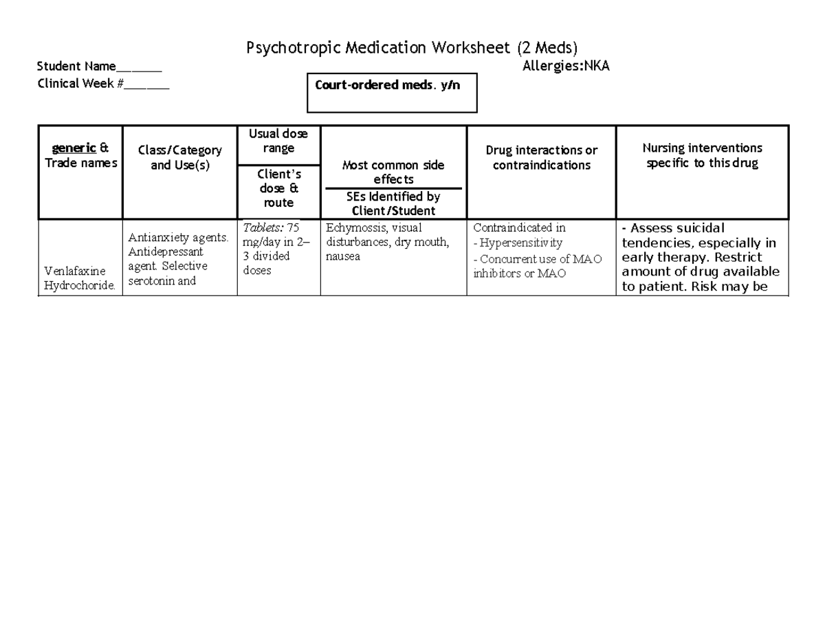 3 Medication Worksheet MH - Psychotropic Medication Worksheet (2 Meds ...