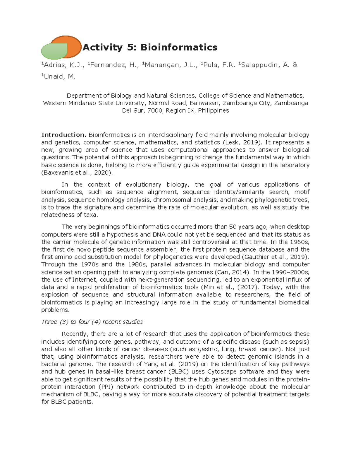 Activity 5- Bioinformatics (Group 1) - Activity 5: Bioinformatics 1 ...
