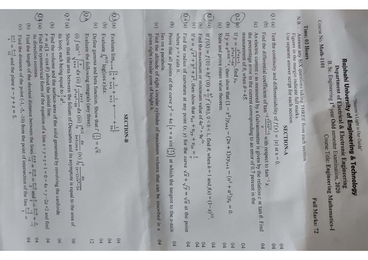 1-1 question 2019 - Engg. Mathematics I - Studocu