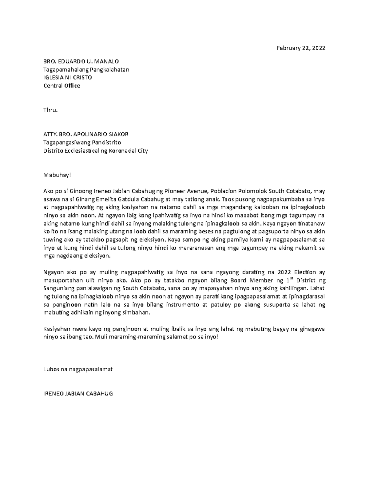 Solicitation Letter - Make read - February 22, 2022 BRO. EDUARDO U ...