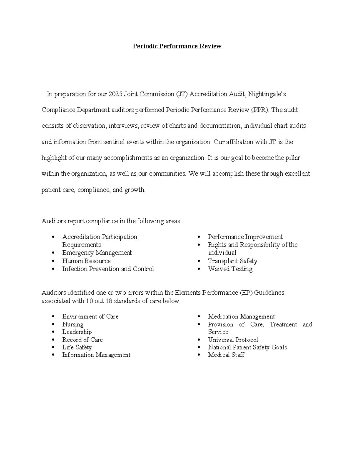 Periodic Performance Review - The audit consists of observation ...