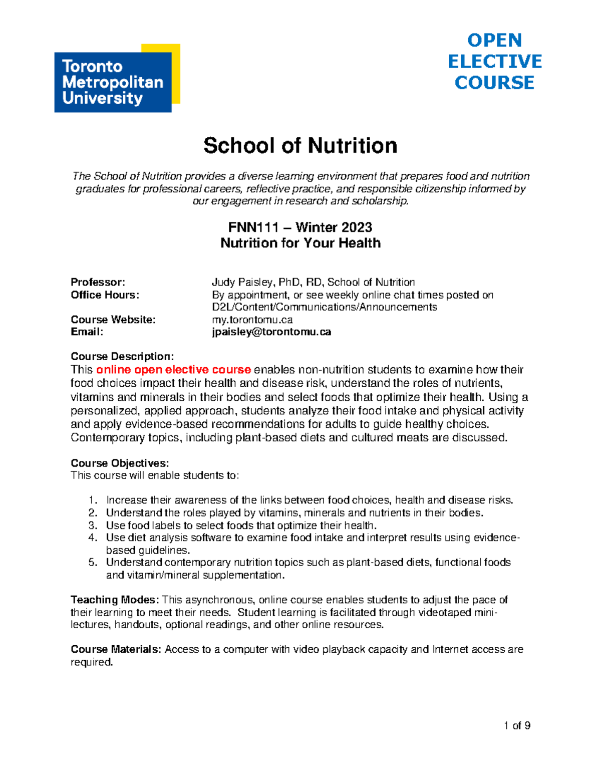 Winter 2023 FNN111 Nutrition for your health Course Outline - School of ...