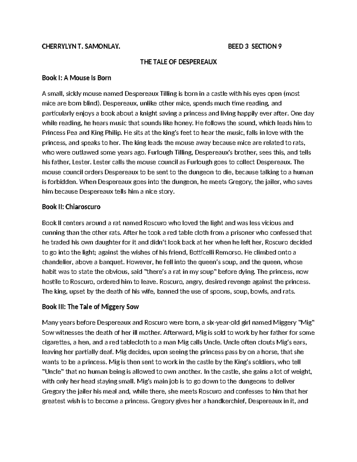 THE TALE OF Despereaux English Literature - CHERRYLYN T. SAMONLAY. BEED ...