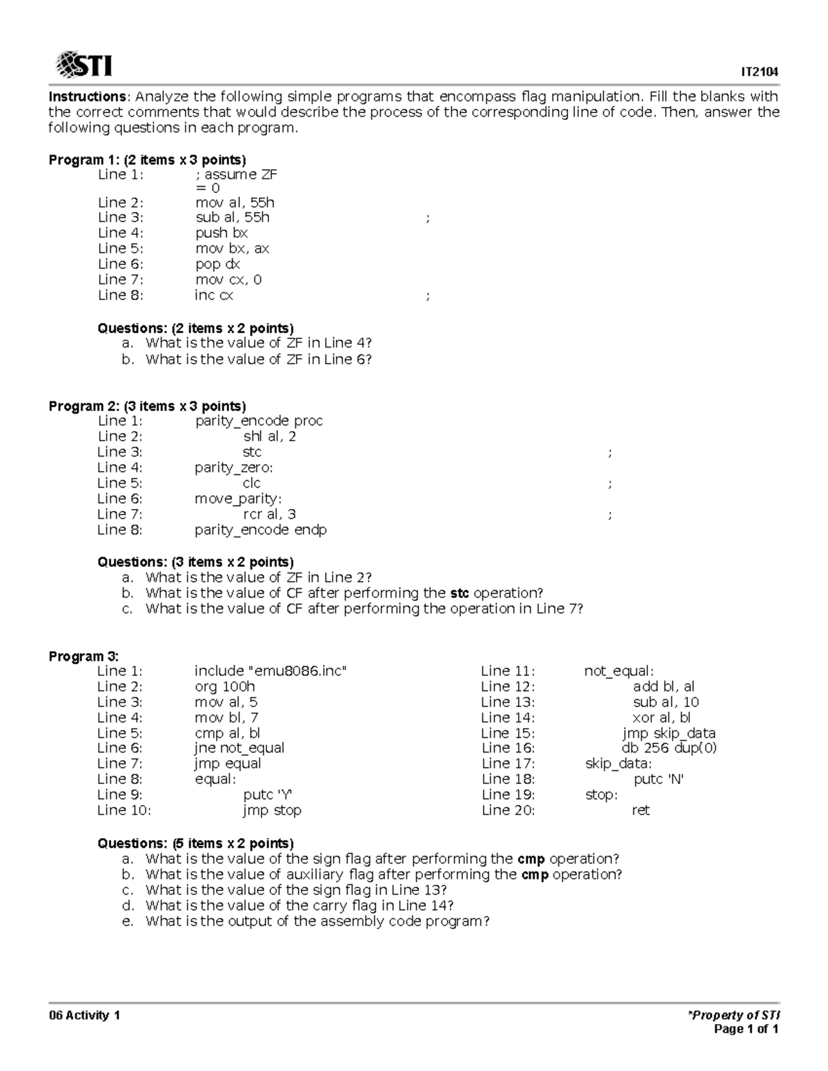 06 Activity 1 - IT Instructions: Analyze the following simple programs ...