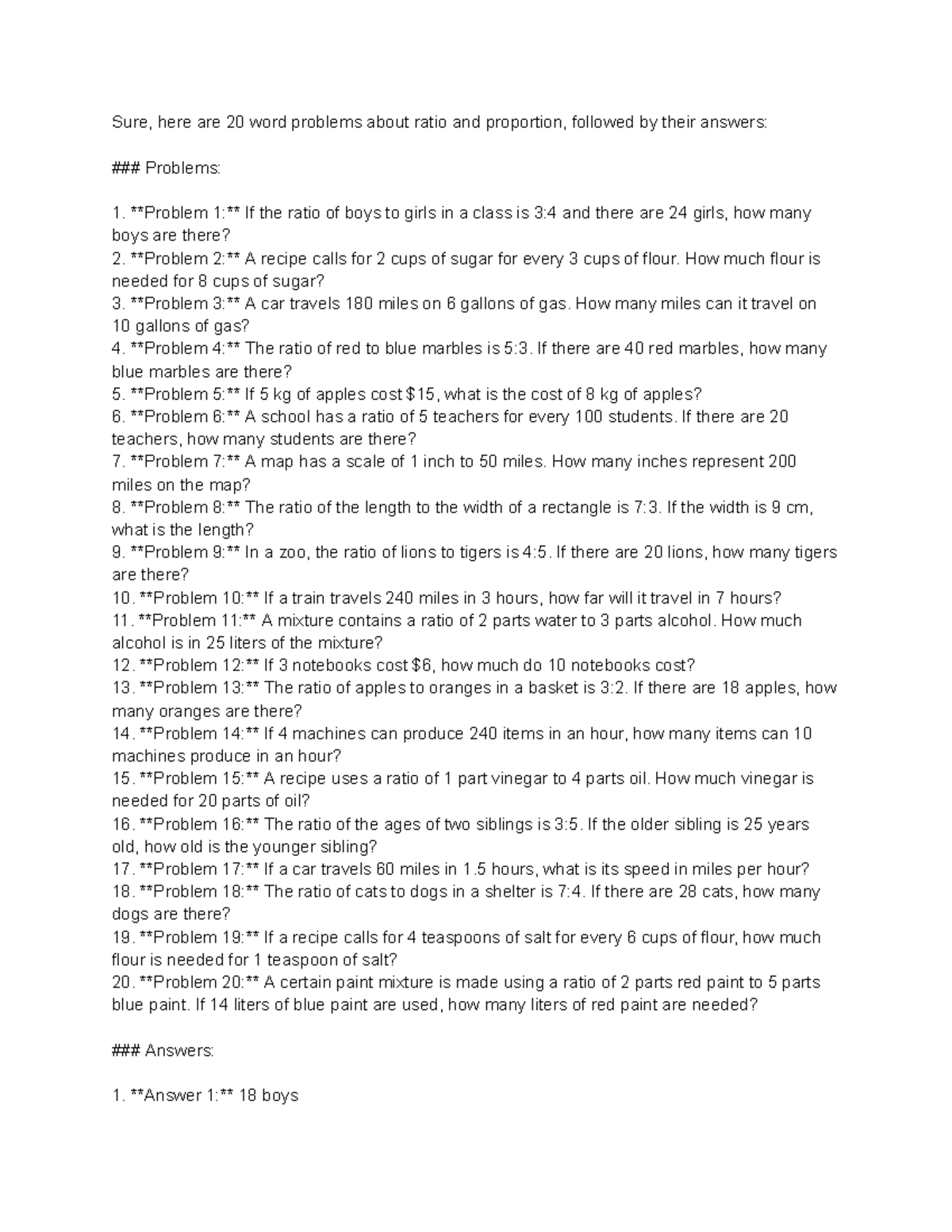 Ratio and Proportion Problems - Sure, here are 20 word problems about ...