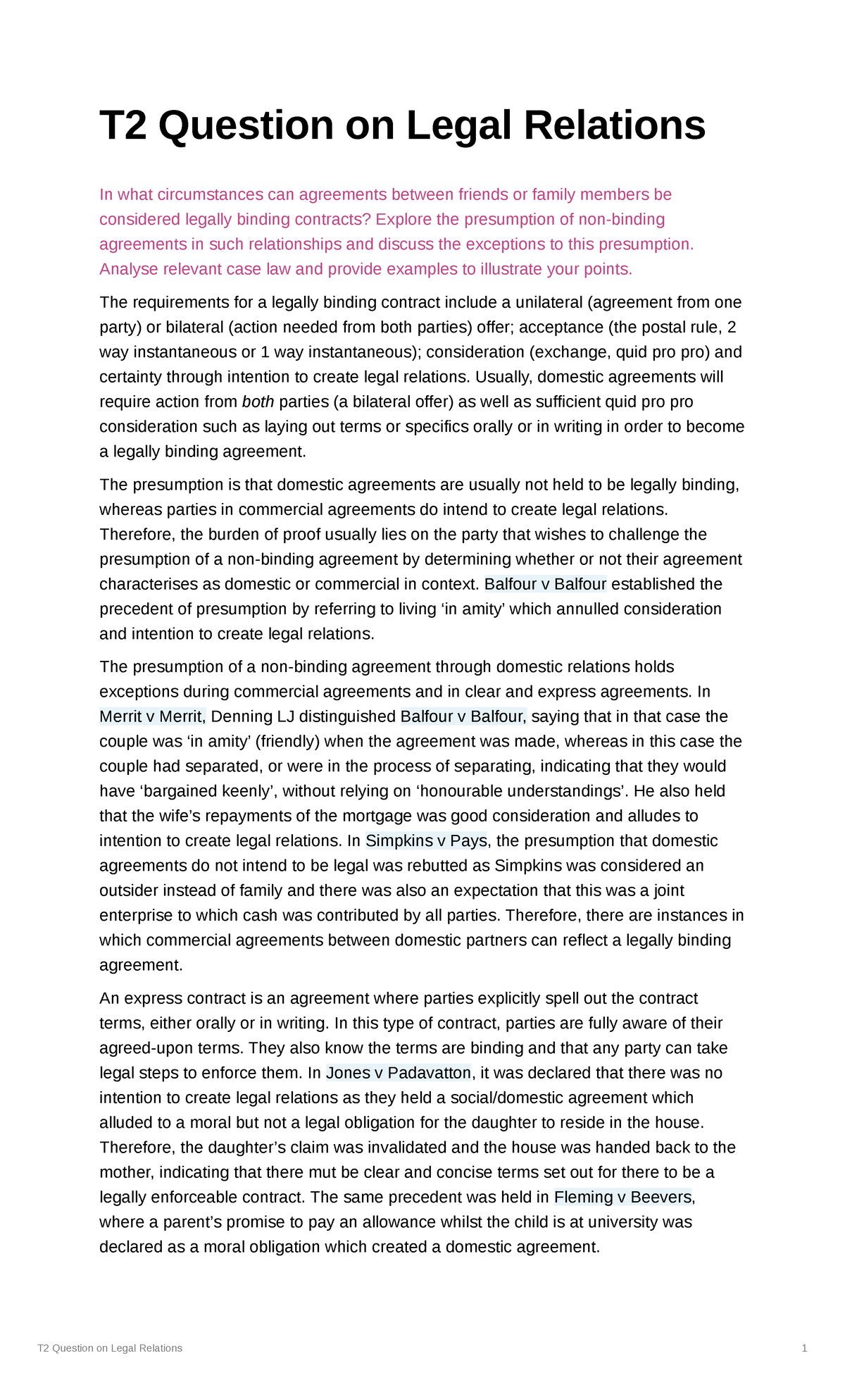 Domestic agreements essay T2 - T2 Question on Legal Relations 1 T2 ...