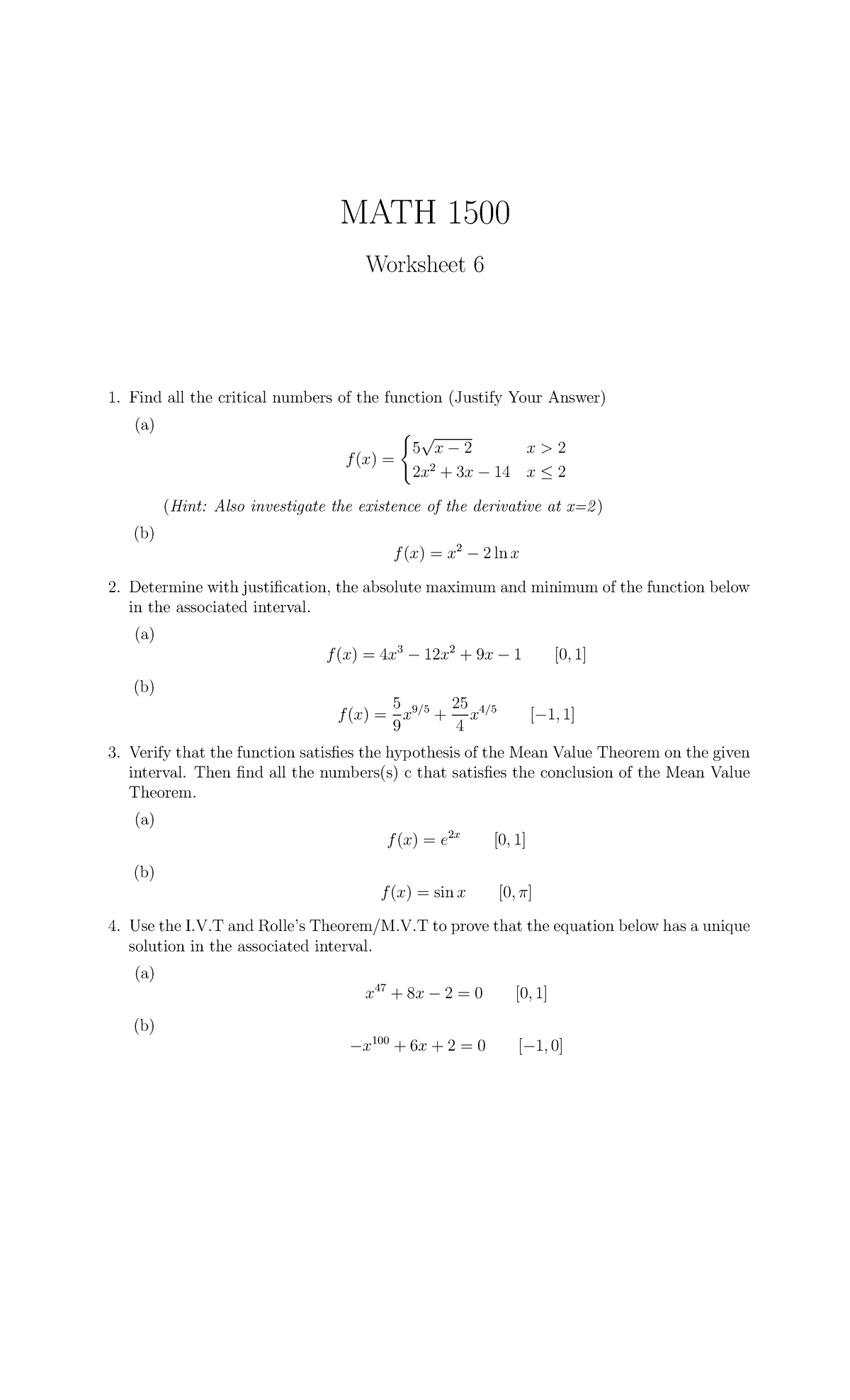 Worksheet 6 - qqqqq - MATH 1500 Worksheet 6 Find all the critical ...