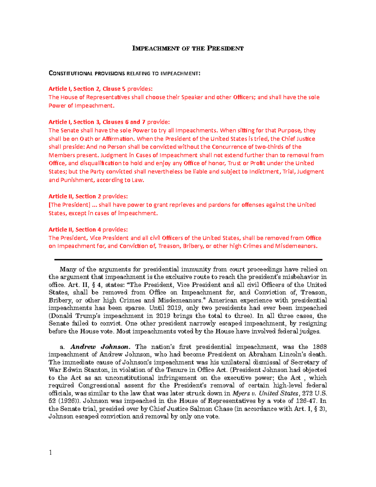 Handout Impeachment - Federal Rules - IMPEACHMENT OF THE PRESIDENT ...