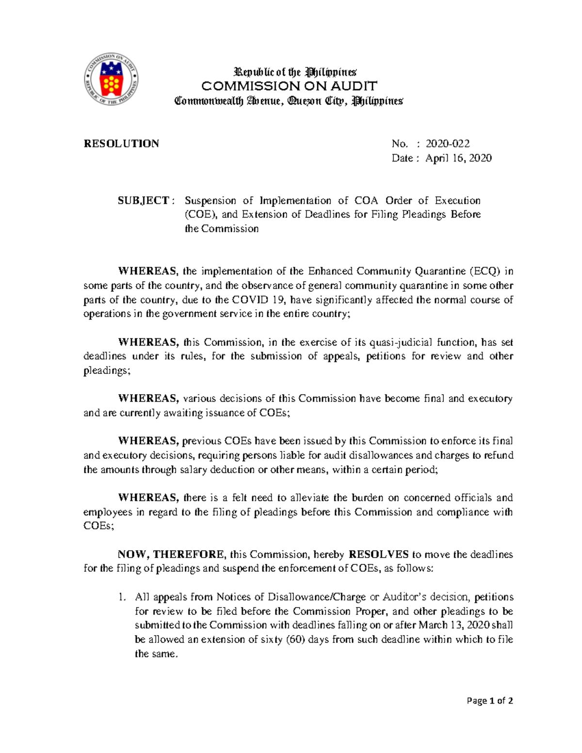 COA R2020-022 - Government - Page 1 of 2 Republic of the Philippines ...
