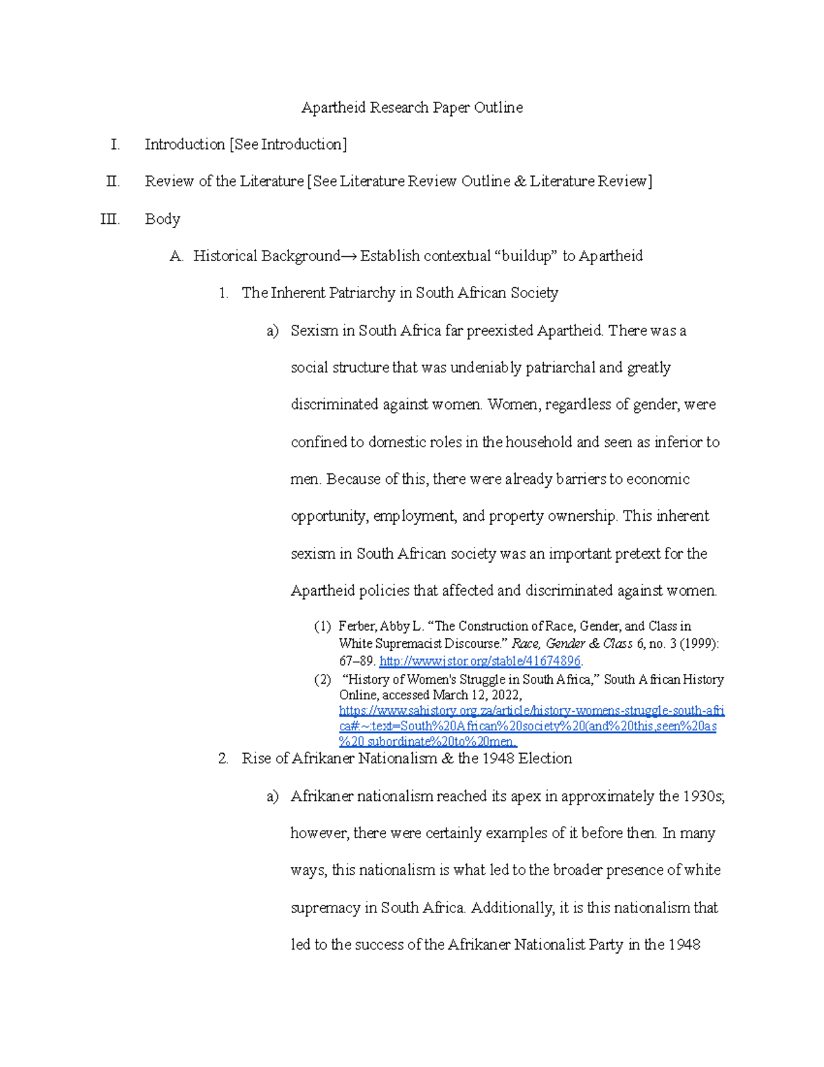 Apartheid Paper Outline - Apartheid Research Paper Outline I ...