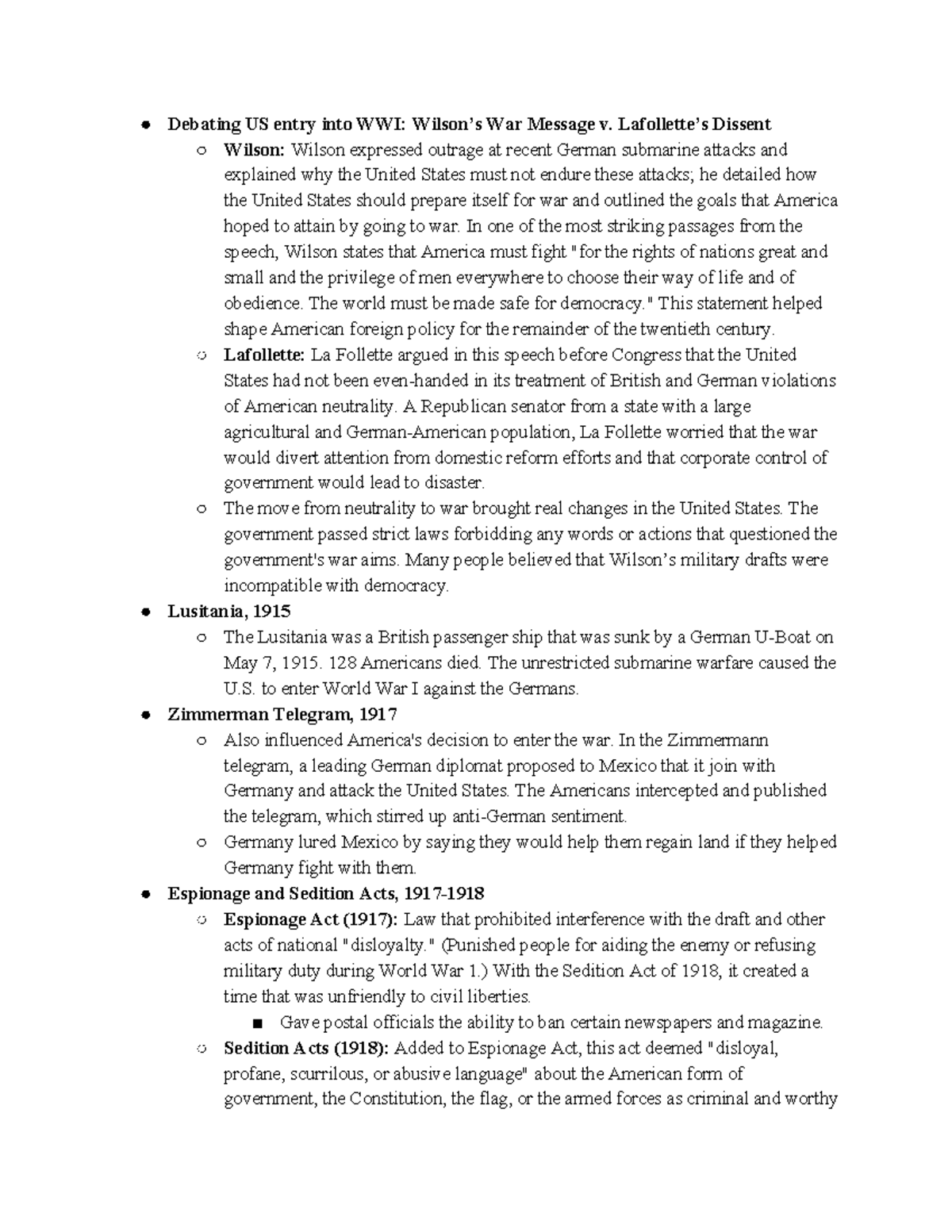 Final Study Guide - Debating US entry into WWI: Wilson’s War Message v ...
