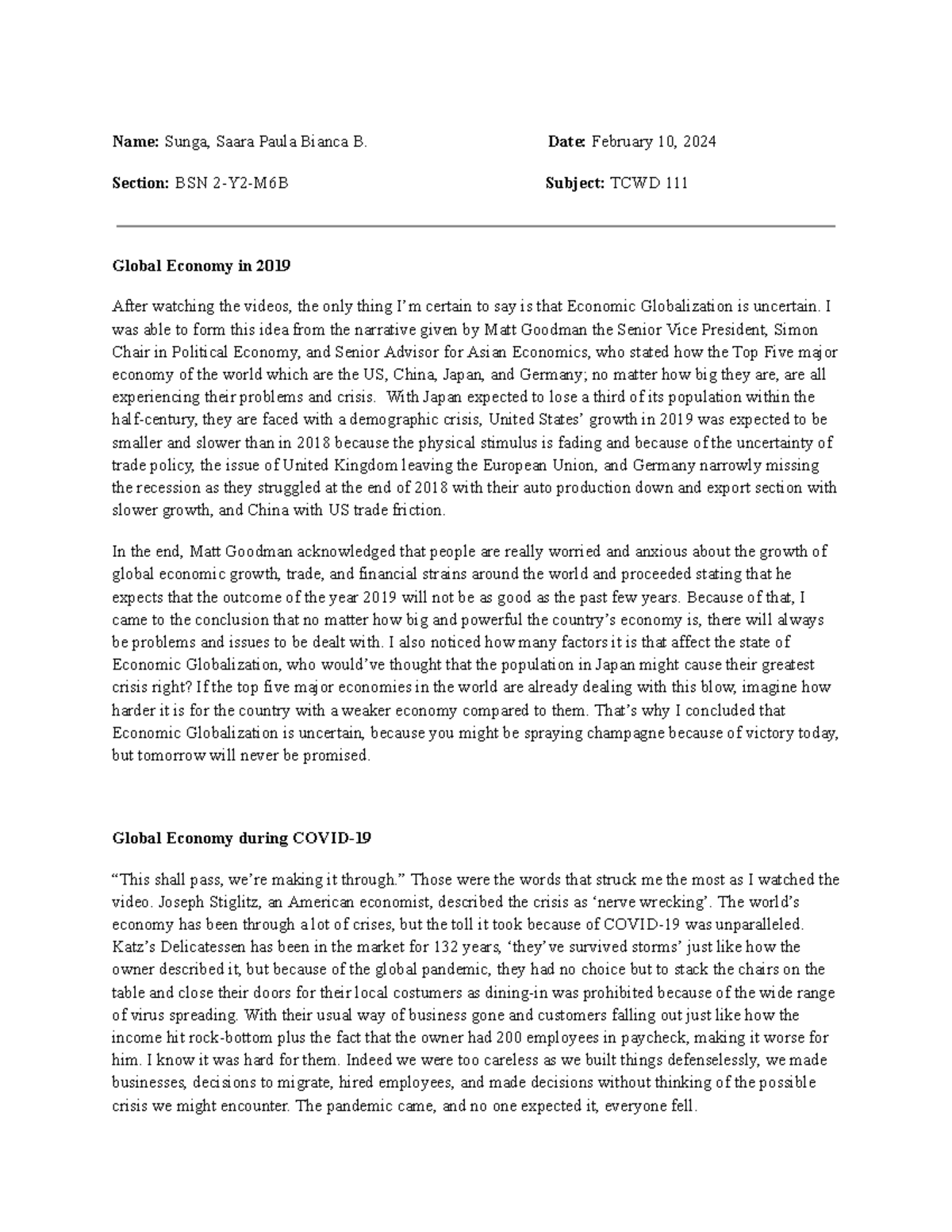 TCWD111 Reaction Paper (Video) - Name: Sunga, Saara Paula Bianca B ...