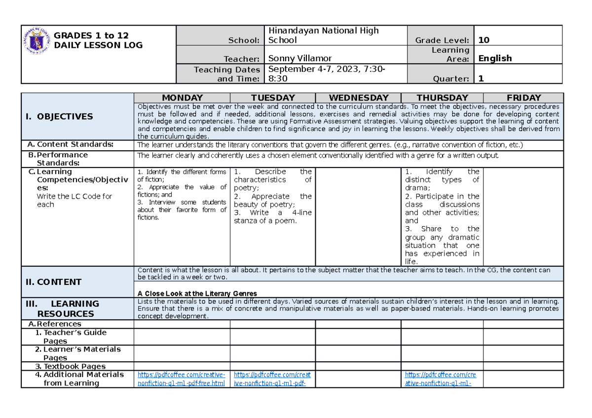 Creative Nonfiction DLL Week 1 - GRADES 1 to 12 DAILY LESSON LOG School: Hinandayan National ...
