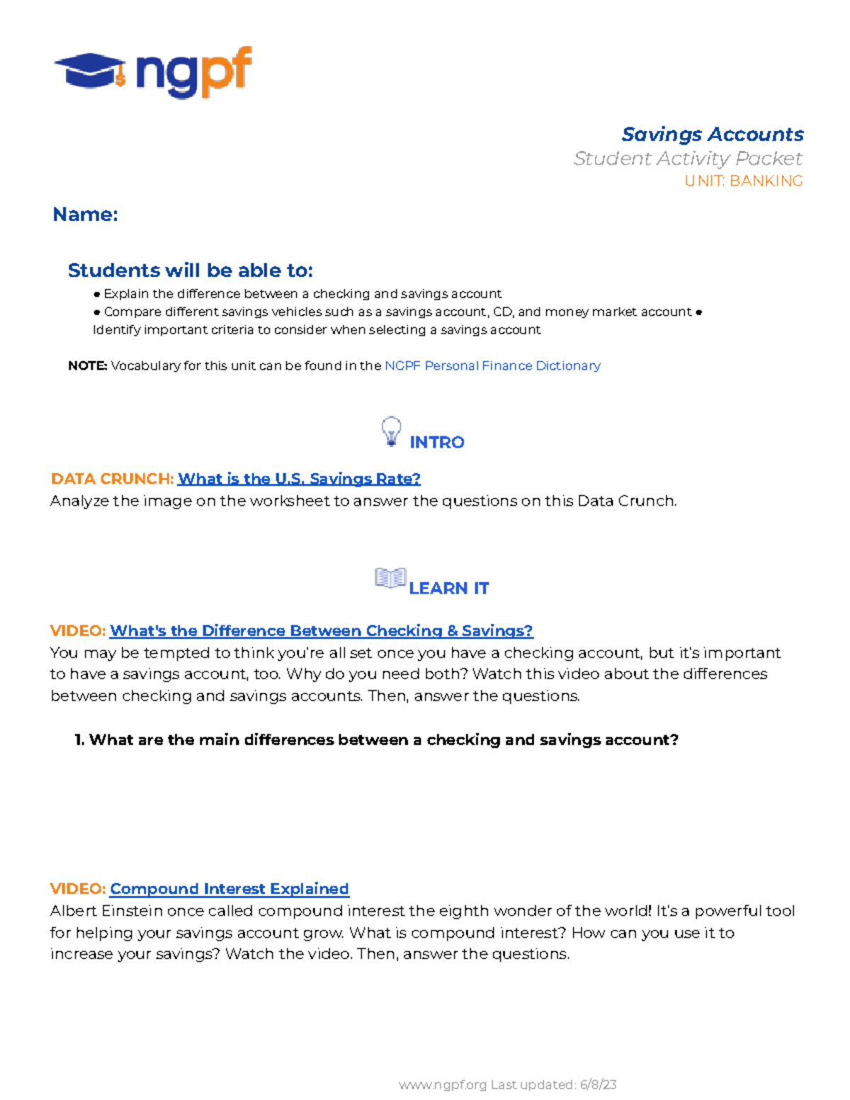 Savings Accounts Student Activity Packet - Savings Accounts Student ...