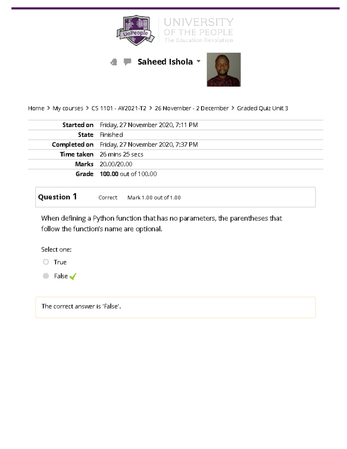 CS 1101 Graded quiz - Started on Friday, 27 November 2020, 7:11 PM ...