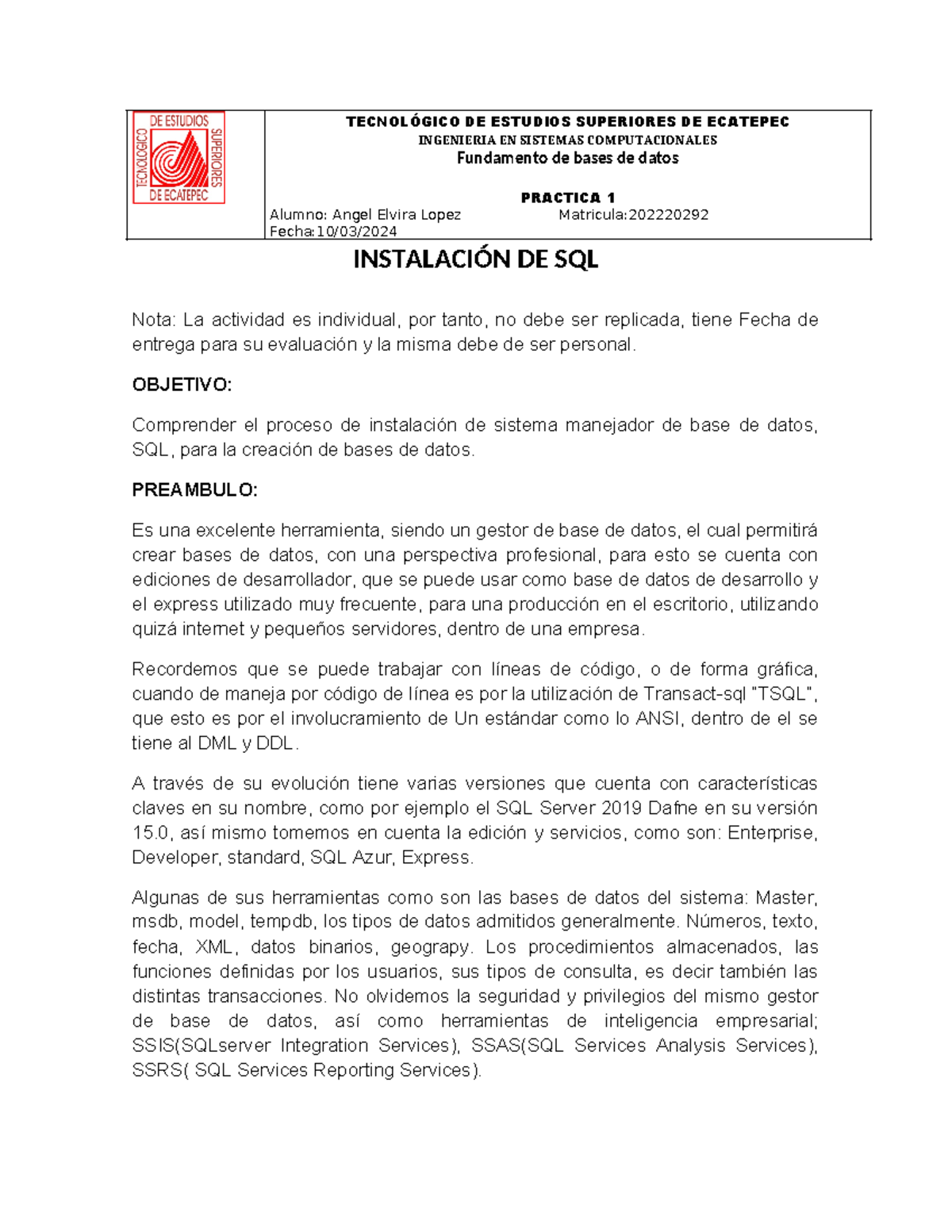1 Practica Inst SQL F d BD AEL - TECNOLÓGICO DE ESTUDIOS SUPERIORES DE ...
