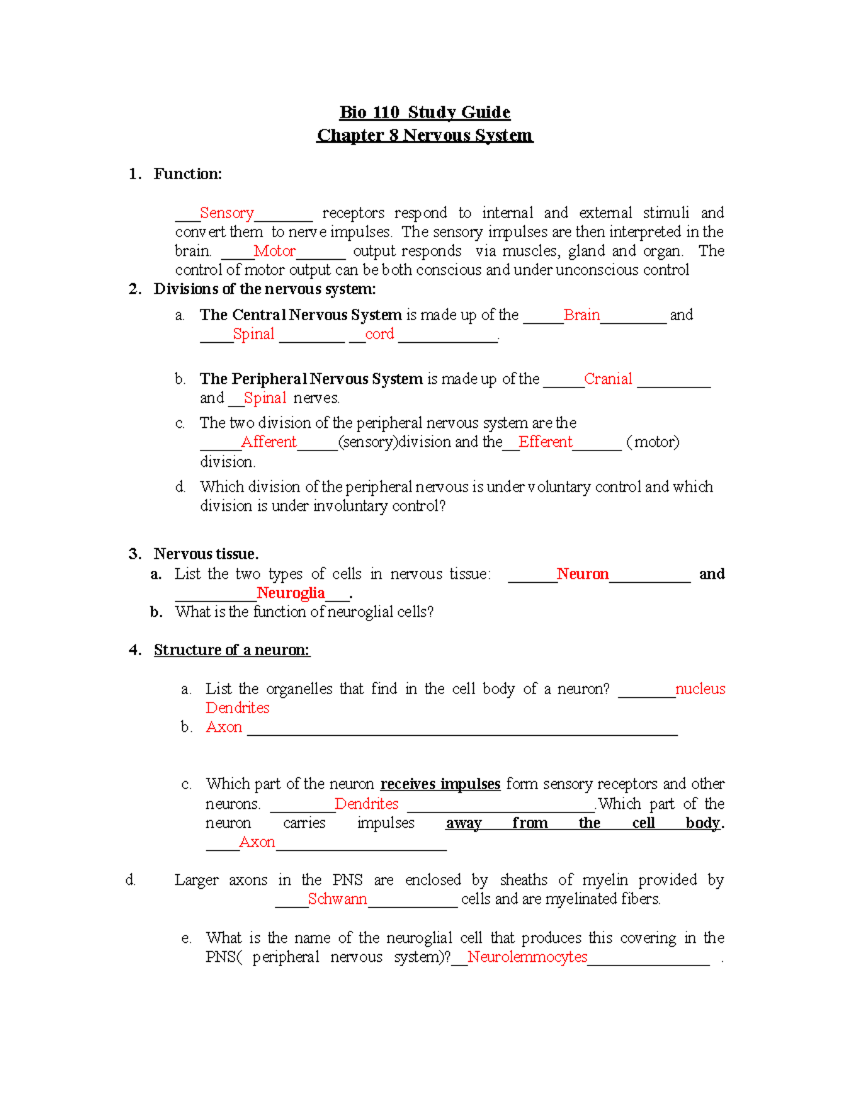 Bio+110 - Chapter 8 Fall 2022 - Bio 110 Study Guide Chapter 8 Nervous ...
