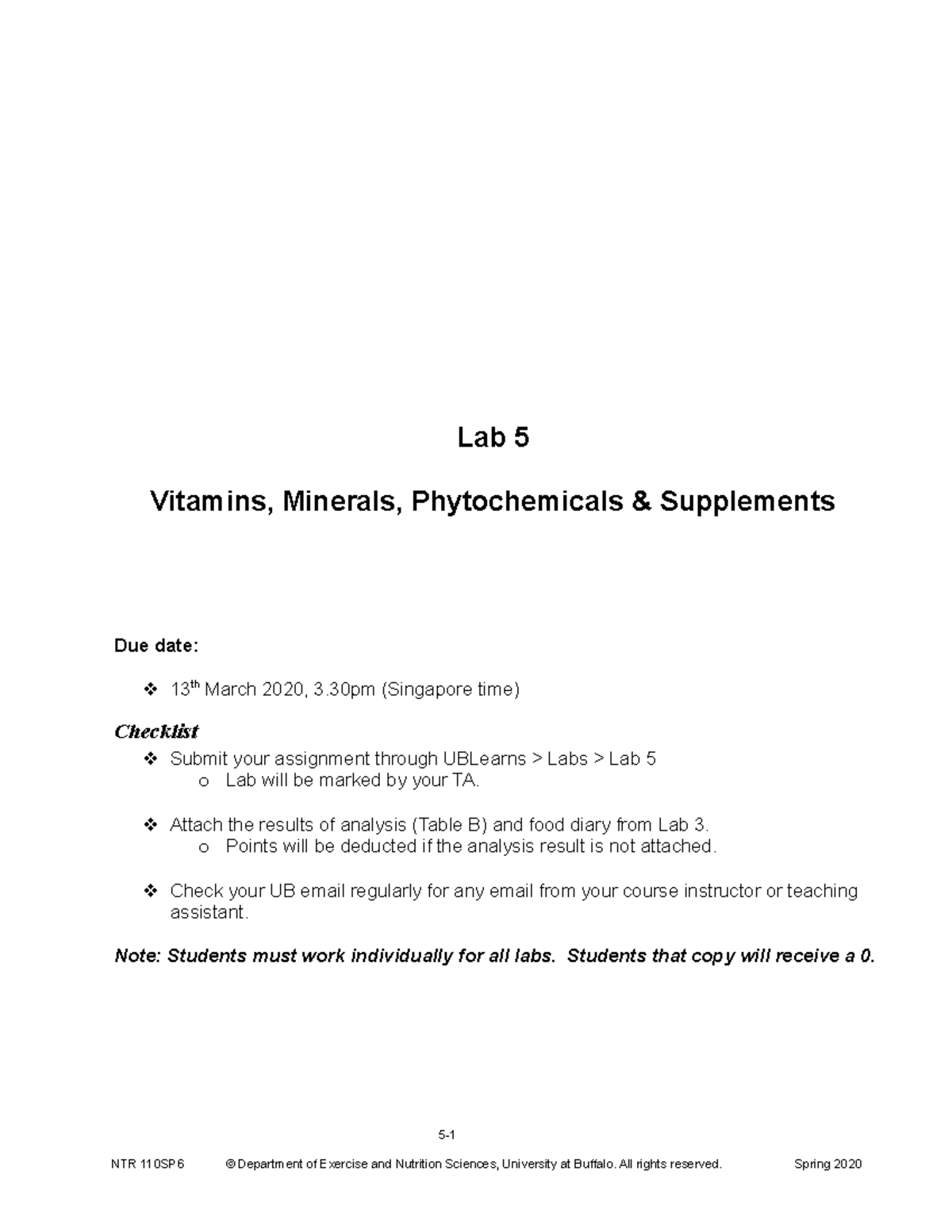 Lab 5 - Vitamins Minerals Phytochemicals & Supplements Spring 2020 ...