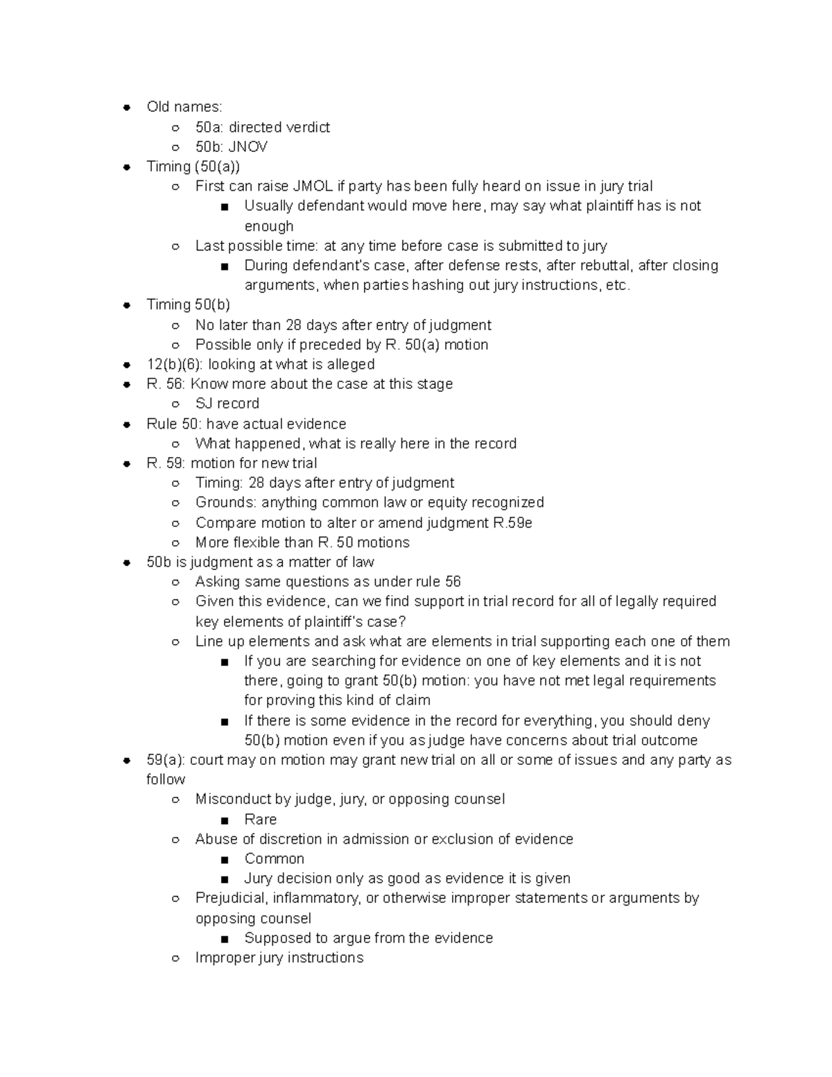 Civ pro 11 2 class notes - Old names: 50a: directed verdict 50b: JNOV ...