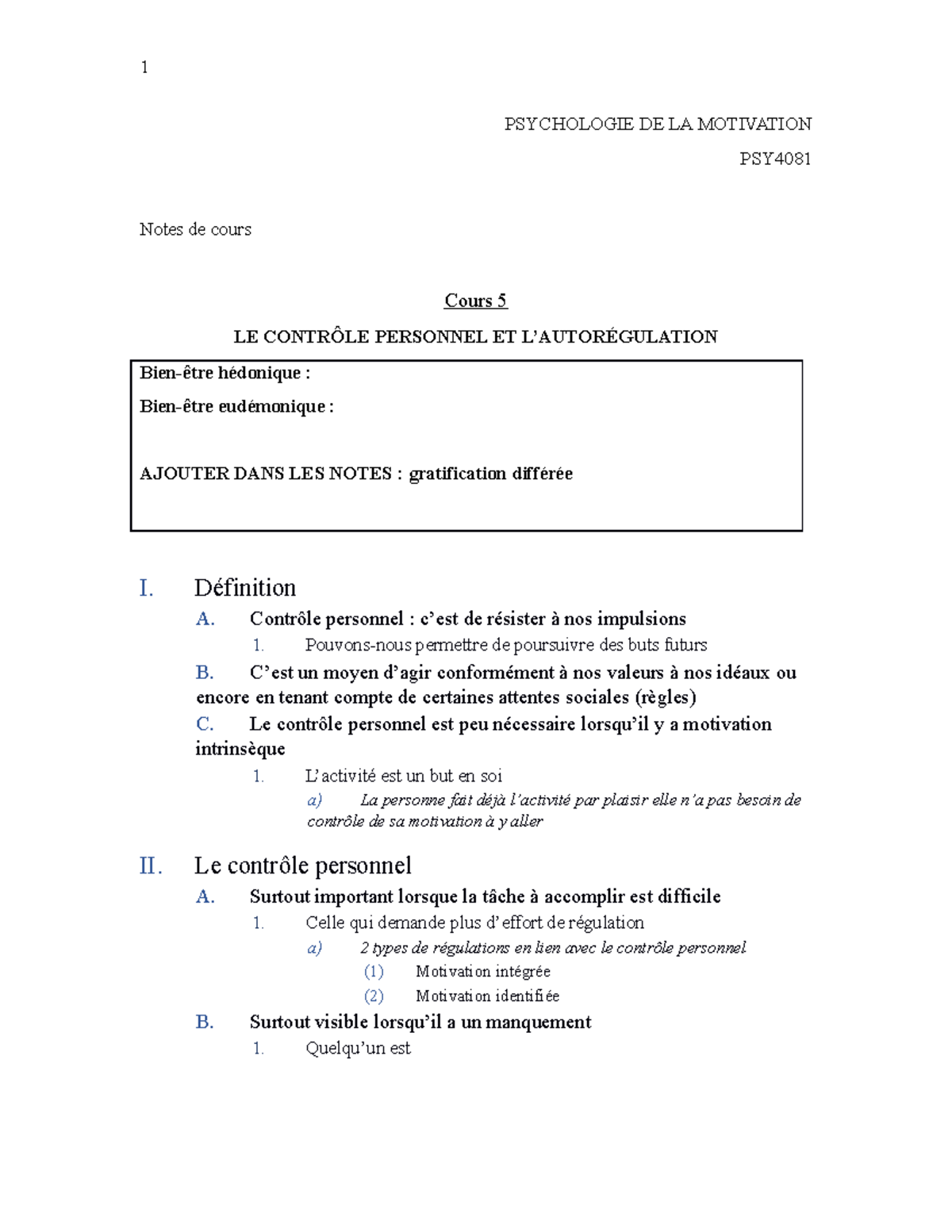 Moti note cours 5 - PSYCHOLOGIE DE LA MOTIVATION PSY Notes de cours ...