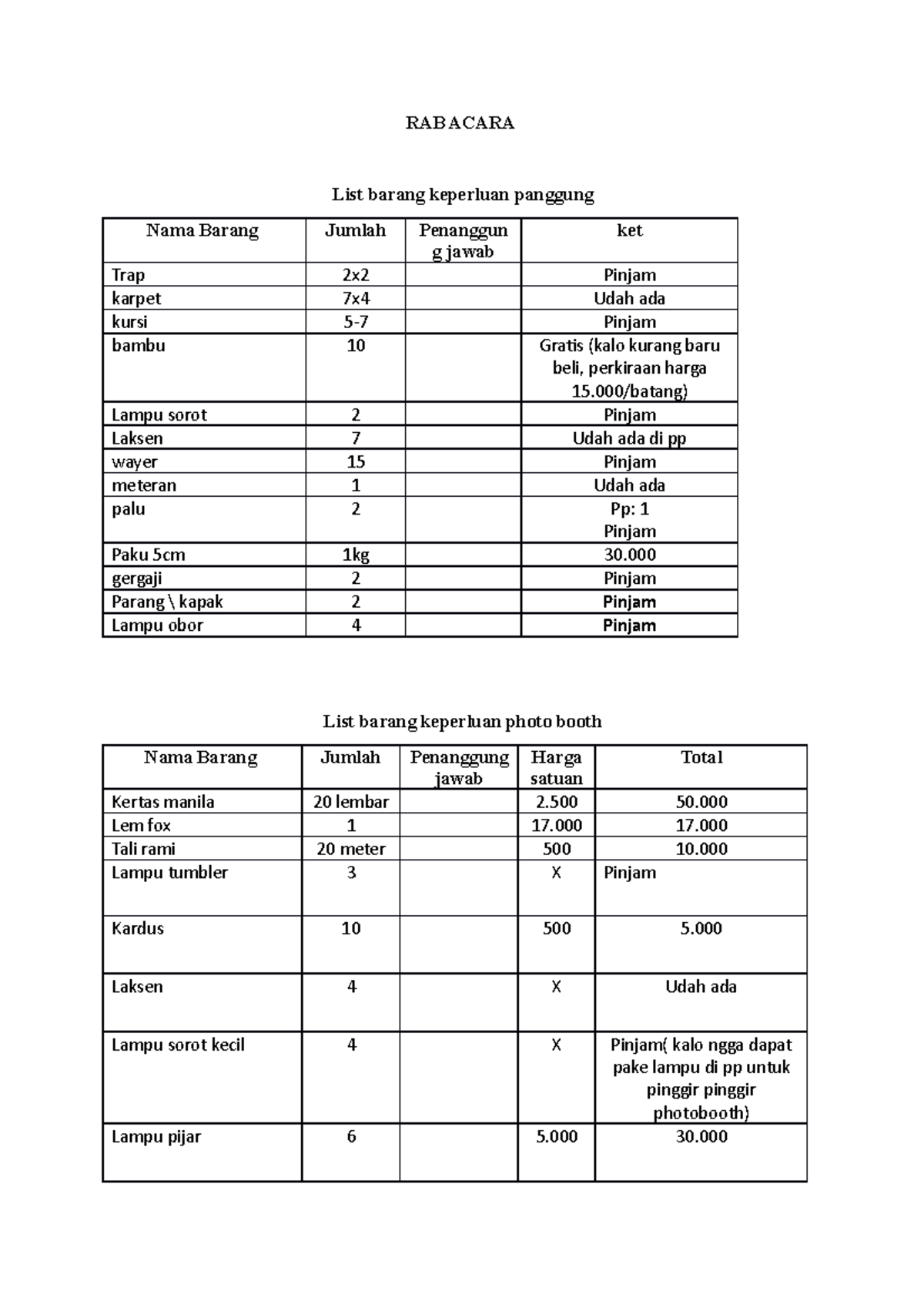 RAB Acara - RAB ACARA List barang keperluan panggung Nama Barang Jumlah ...