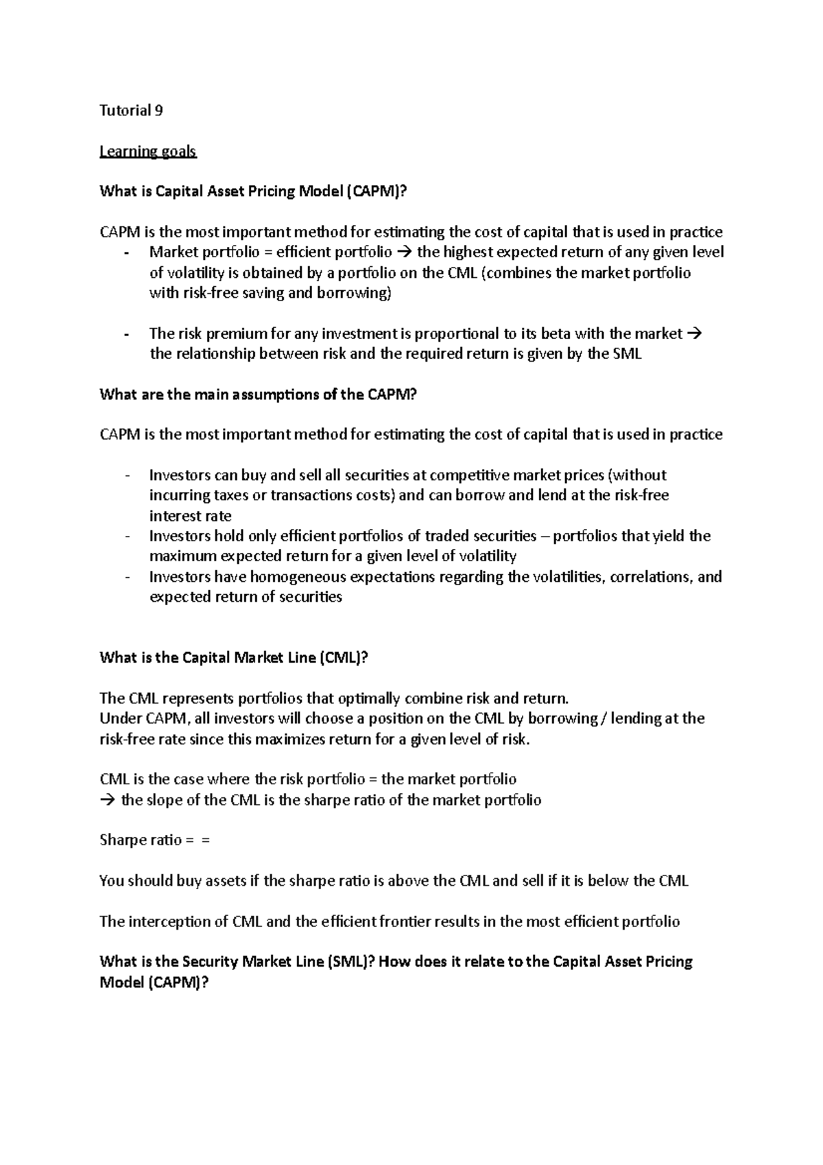 Tutorial 9 Finance - Tutorial 9 Learning goals What is Capital Asset Pricing Model (CAPM)? CAPM ...