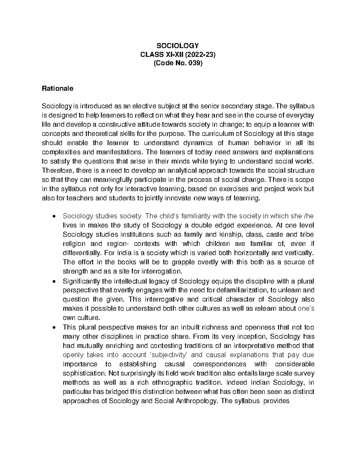 Sociology Sr Sec 2022-23 - SOCIOLOGY CLASS XI-XII (2022-23) (Code No ...