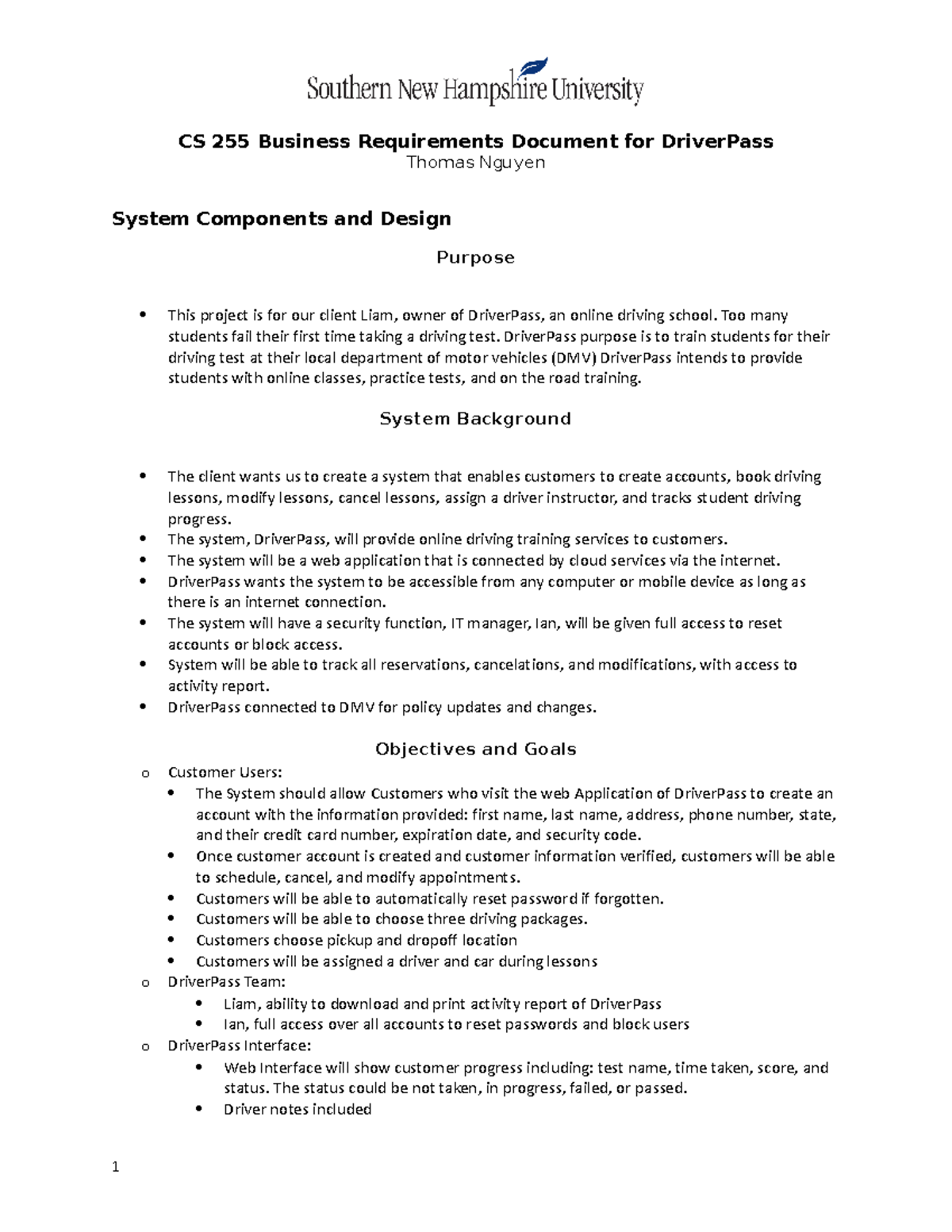 Project One - CS 255 Business Requirements Document for DriverPass Thomas Nguyen System ...