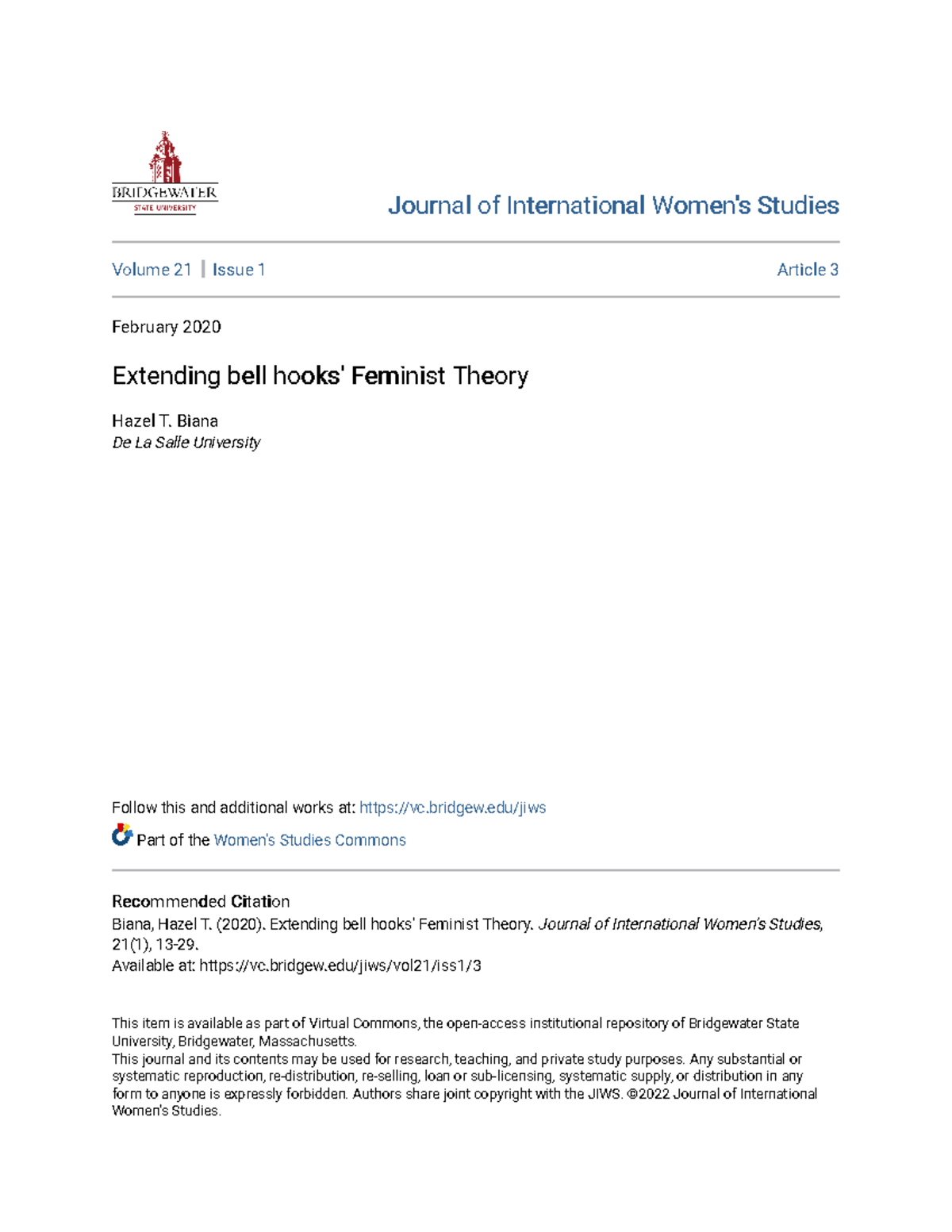 Extending bell hooks Feminist Theory - Journal of International Women's ...