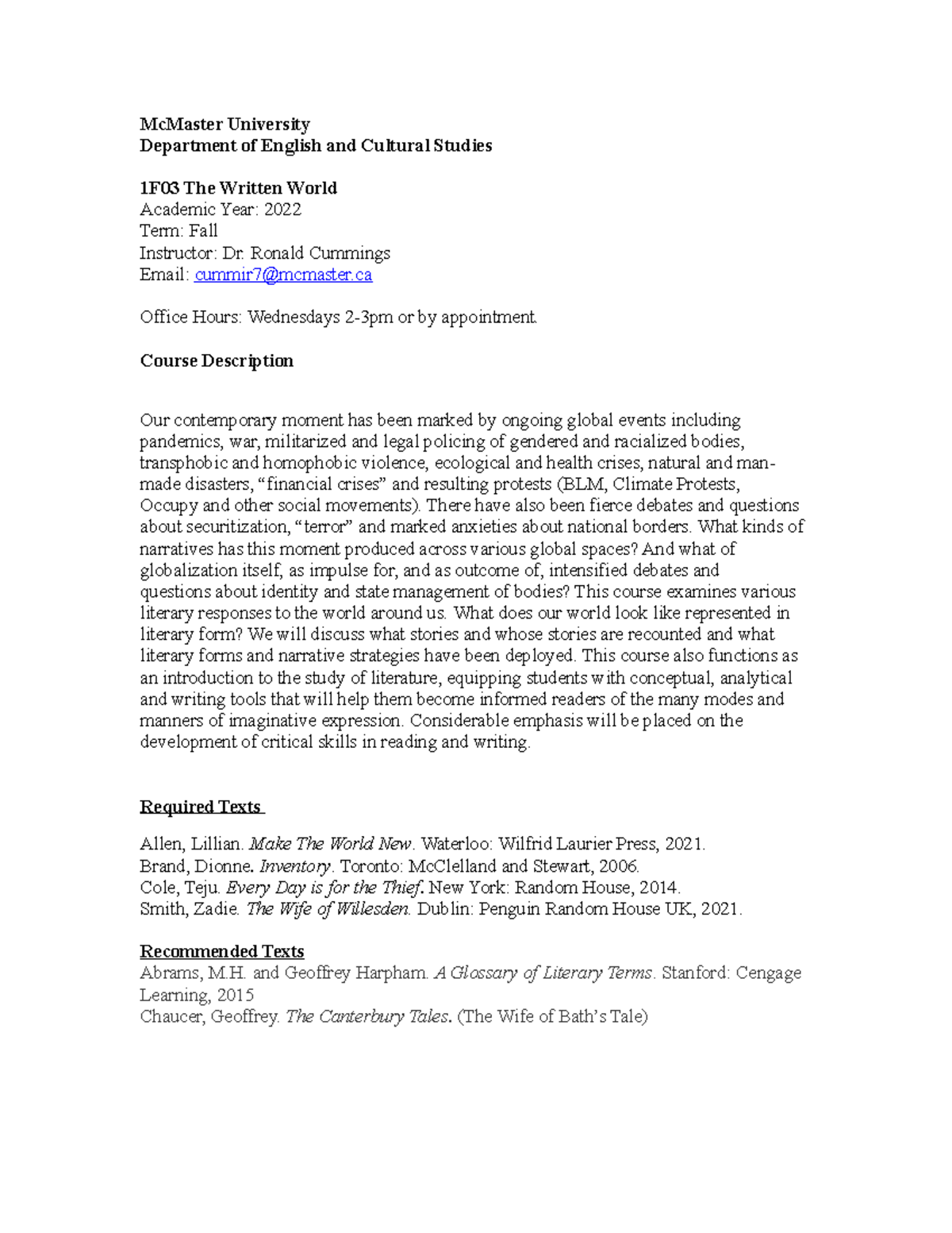 Written World 2022 -Fall - McMaster University Department of English ...