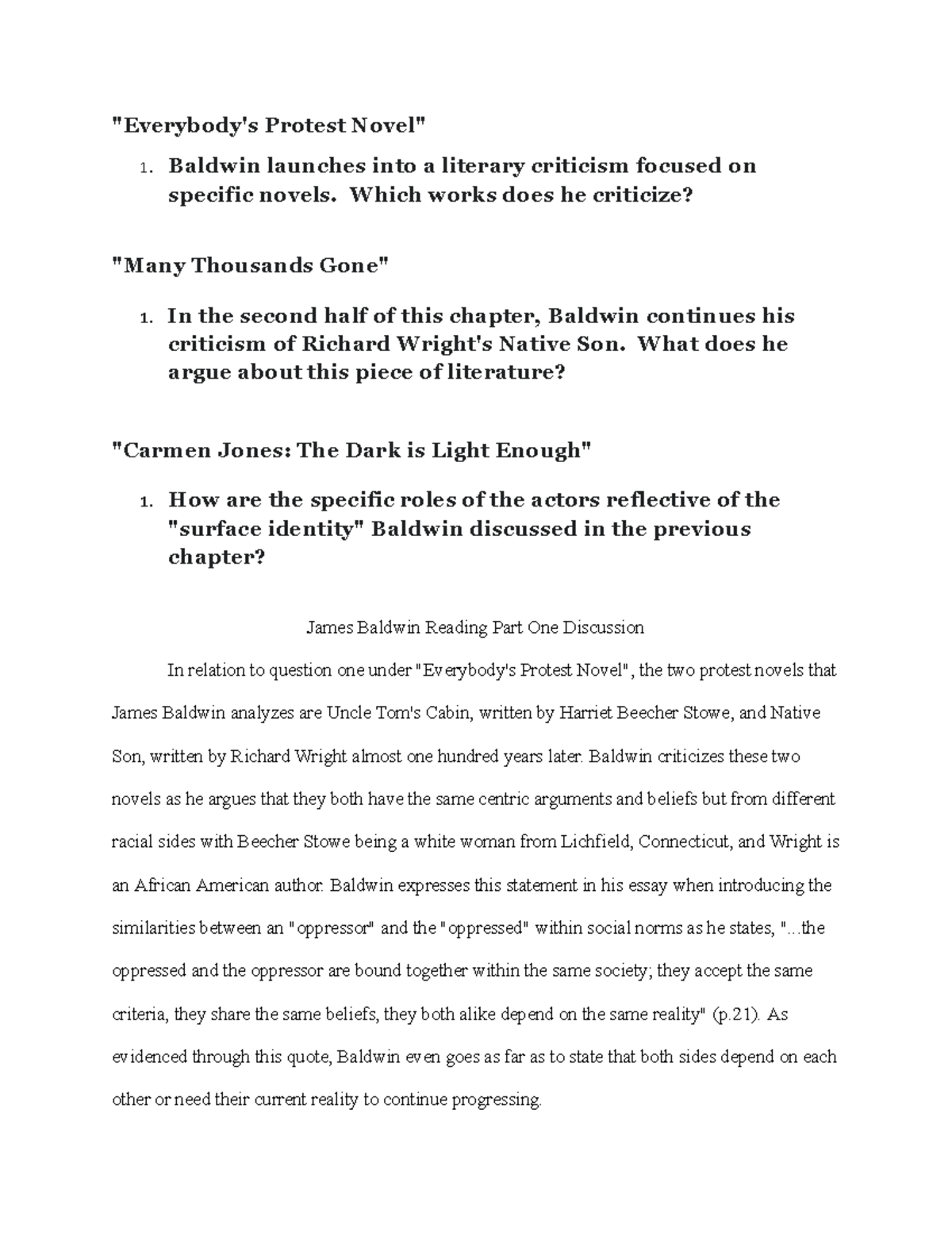 James Baldwin Reading Part One Discussion - "Everybody's Protest Novel ...
