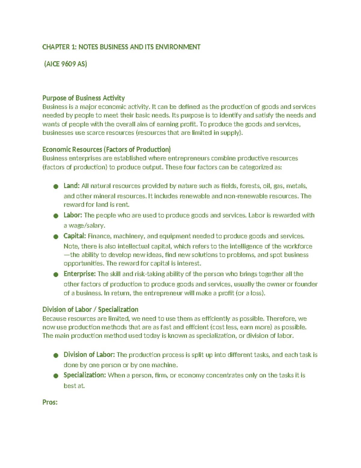 PH Notes Chapter 1 - CHAPTER 1: NOTES BUSINESS AND ITS ENVIRONMENT ...