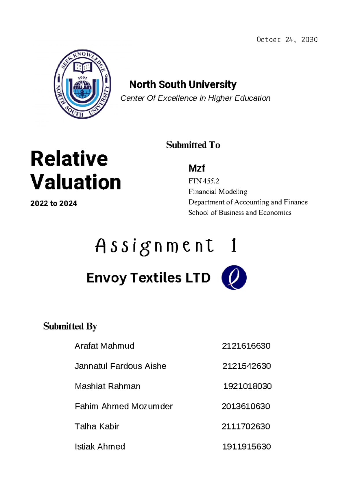 Fin455 - Assignment on Relative Valuation of Envoy Textiles (2022-2024 ...